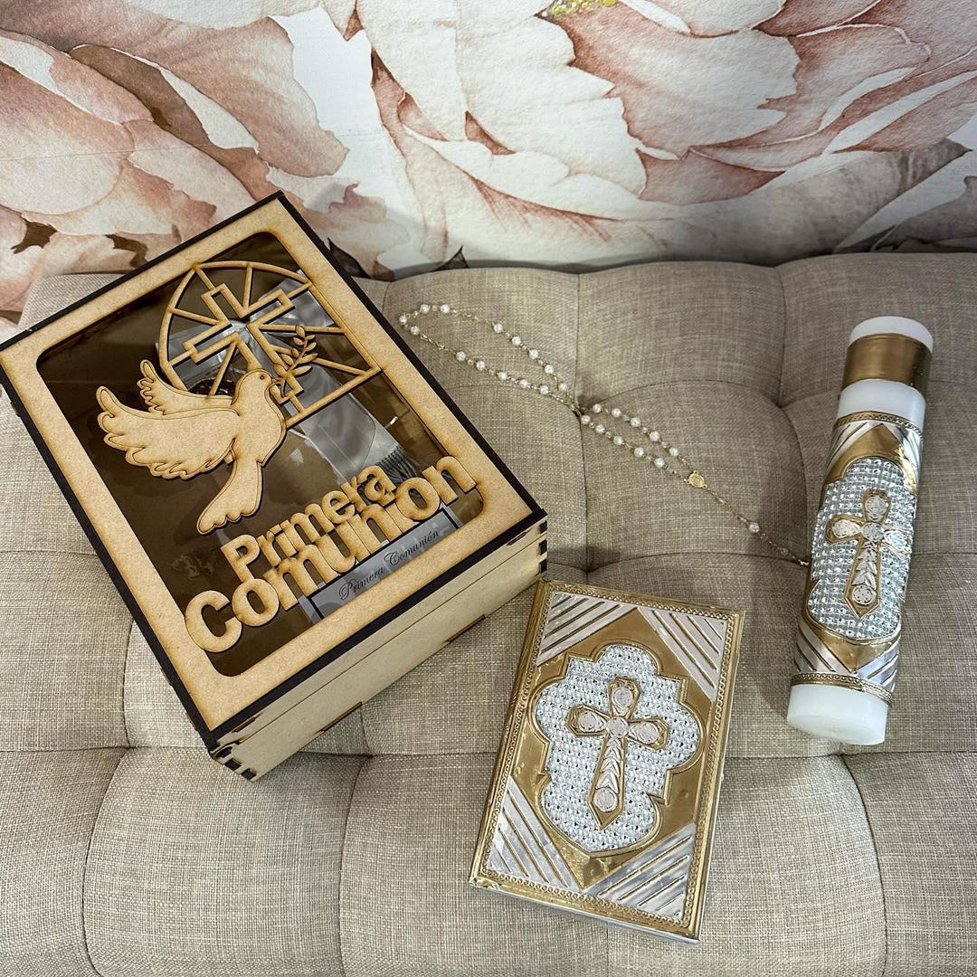 Candel Set Beautiful Wooden JHS 1st First Holy Mi Primerra Communion Candle Set, 4 Piece Set ...