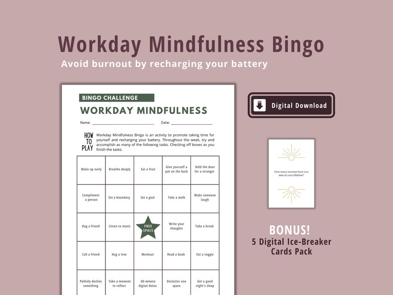 Mindfulness Bingo, Balanced Workday Bingo, Self Care | Love and ...