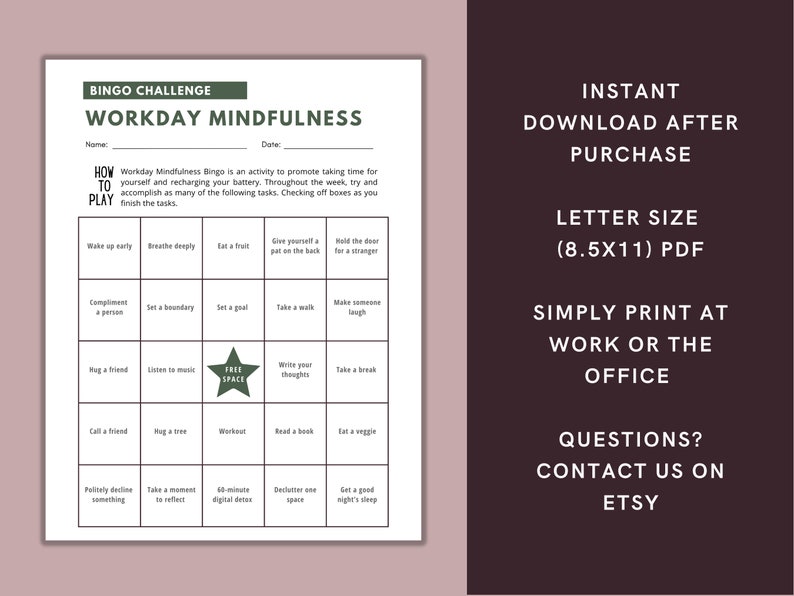 Mindfulness Bingo, Balanced Workday Bingo, Self Care | Love and ...