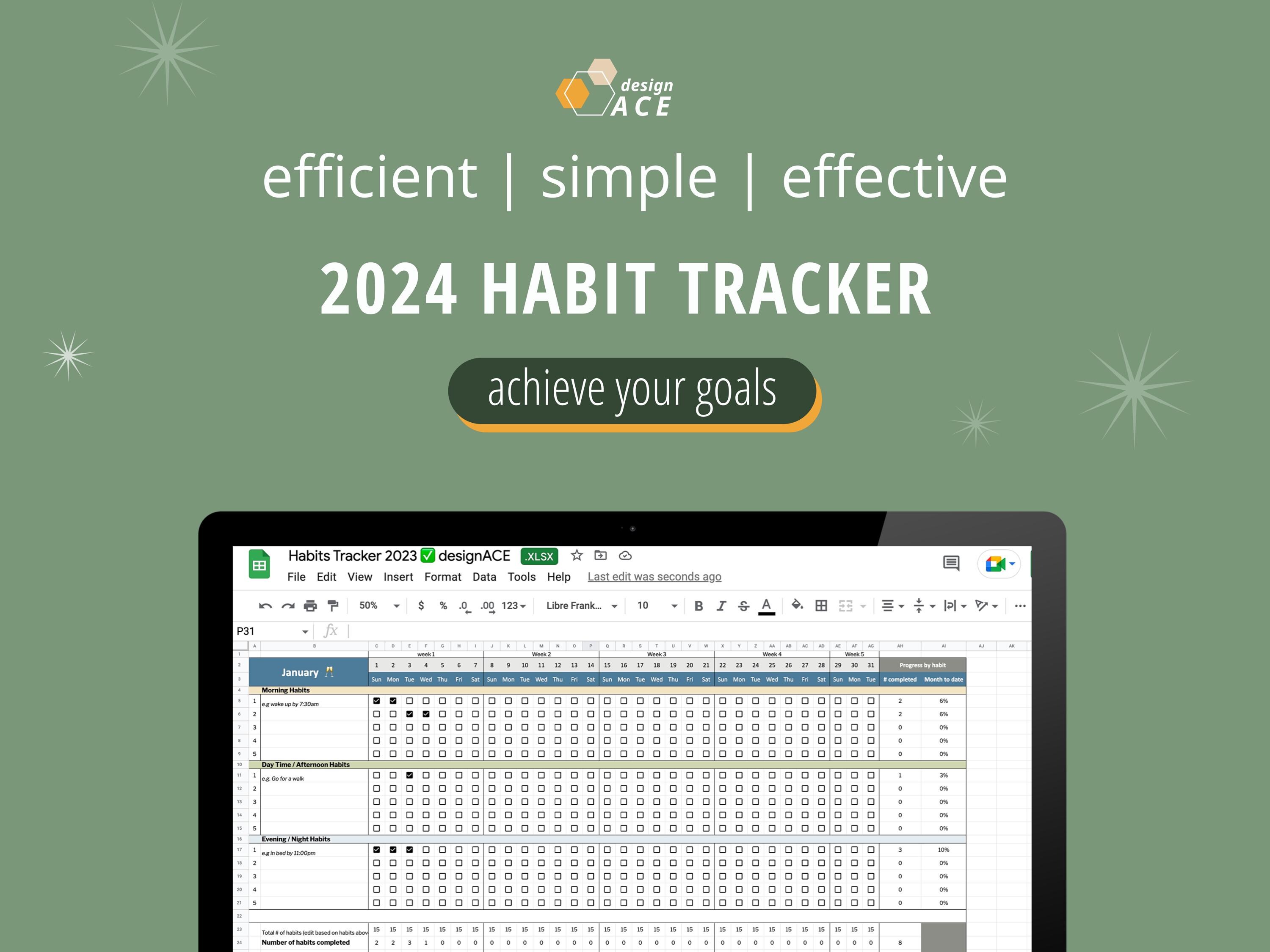 Habit Tracker Google Sheet Template | Simple Daily, Weekly Journal ...