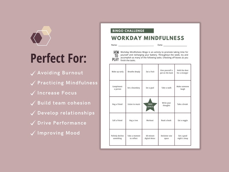 Mindfulness Bingo, Balanced Workday Bingo, Self Care | Love and ...