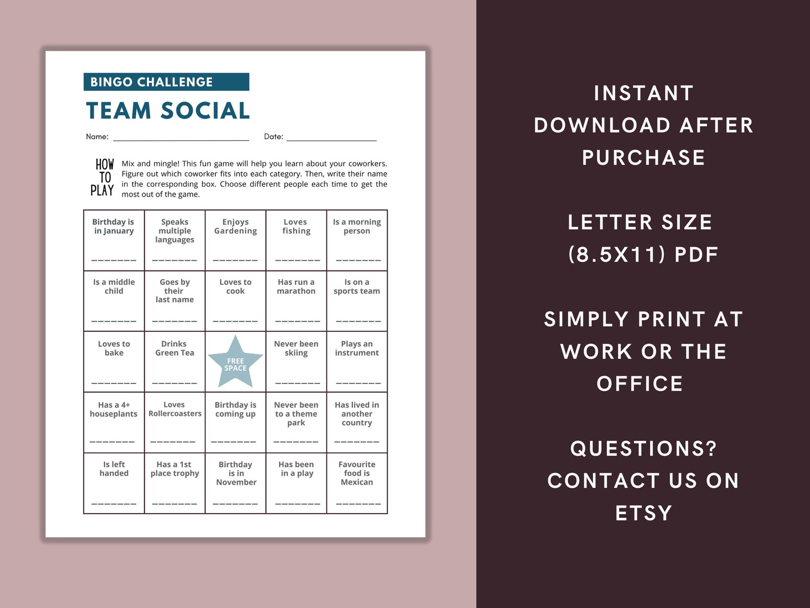 Team Social Bingo, Work Party Game | Icebreaker | Fun Printable Game ...