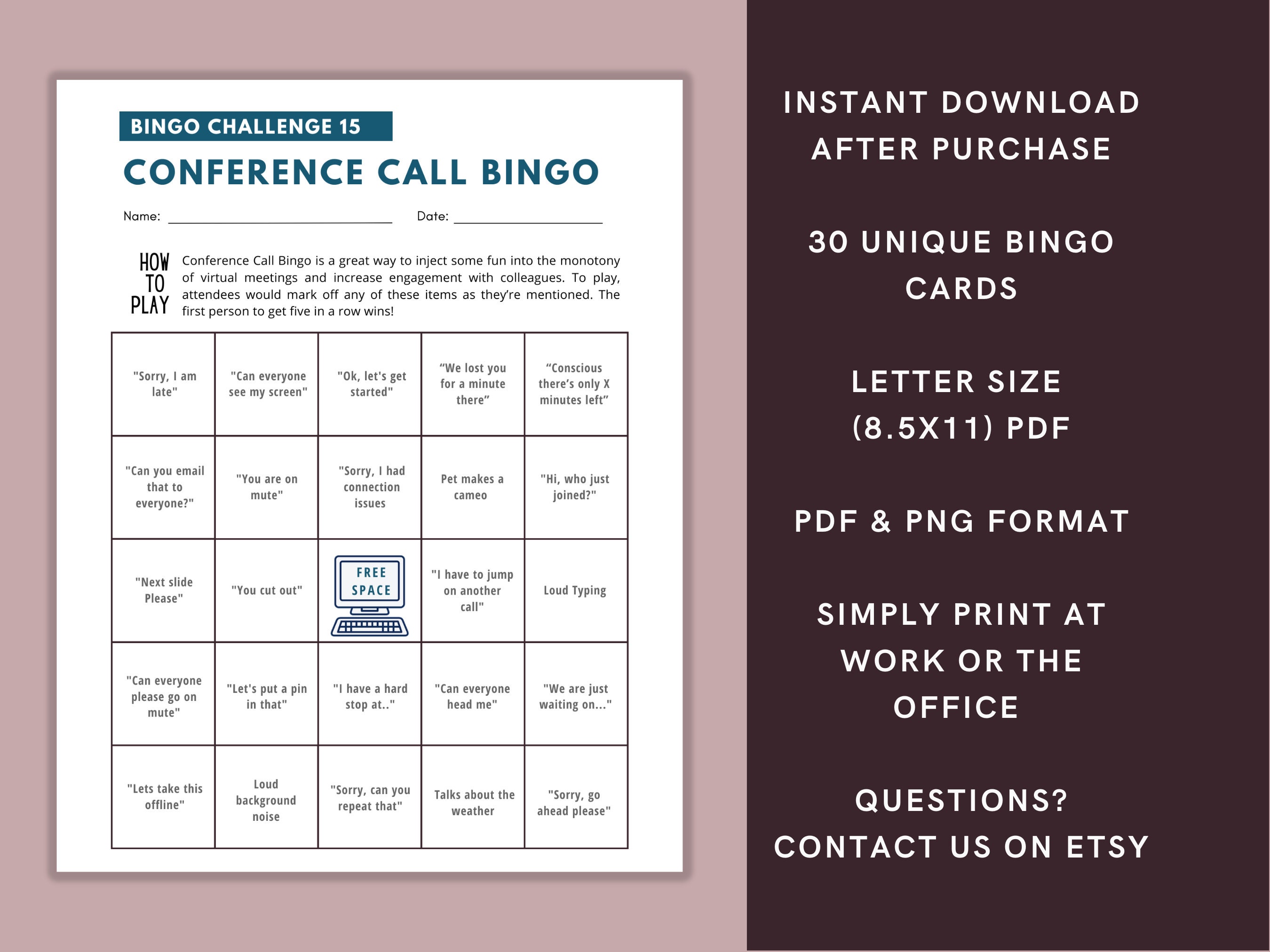 Office Game, 30 Conference Call Bingo Cards | Zoom Bingo | Printable ...