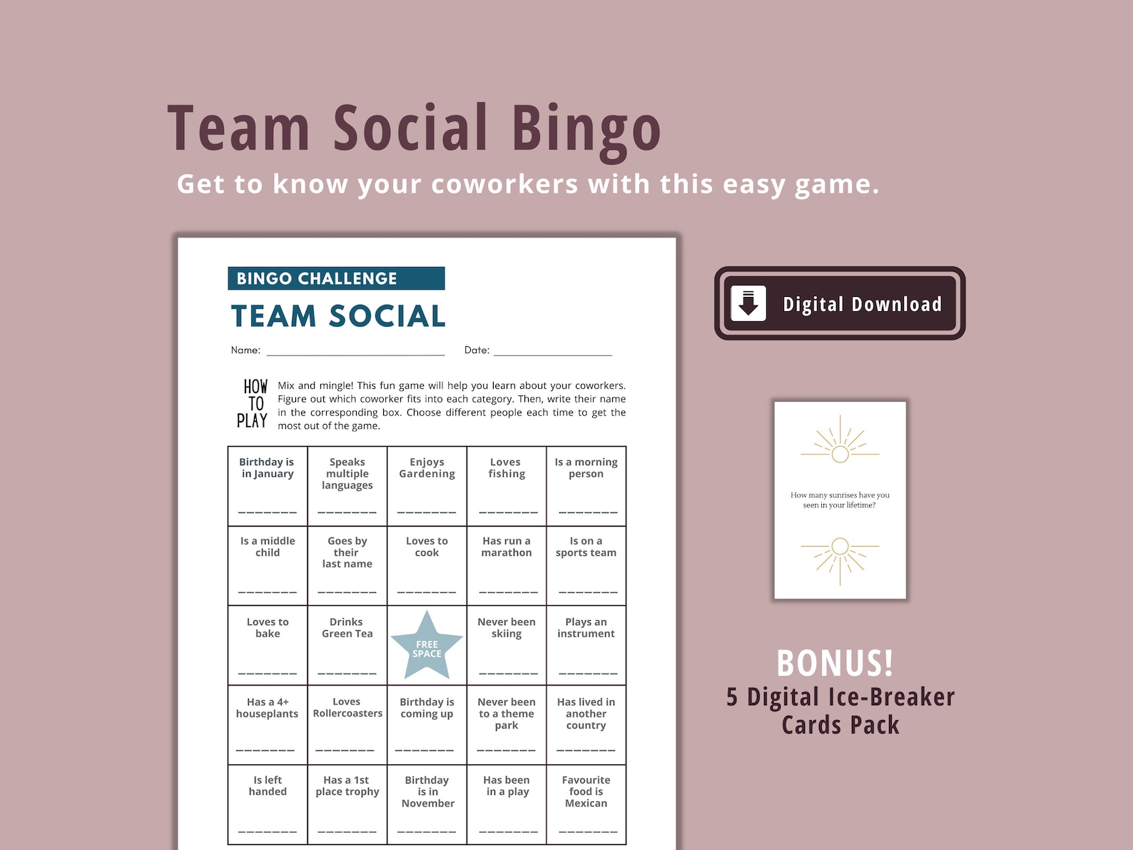 Team Social Bingo, Work Party Game | Icebreaker | Fun Printable Game ...