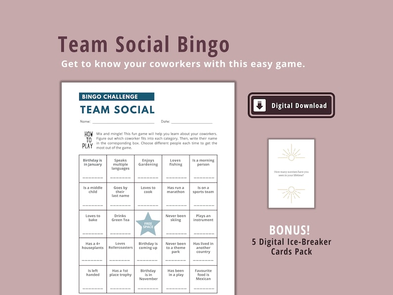 Team Social Bingo, Work Party Game | Icebreaker | Fun Printable Game ...