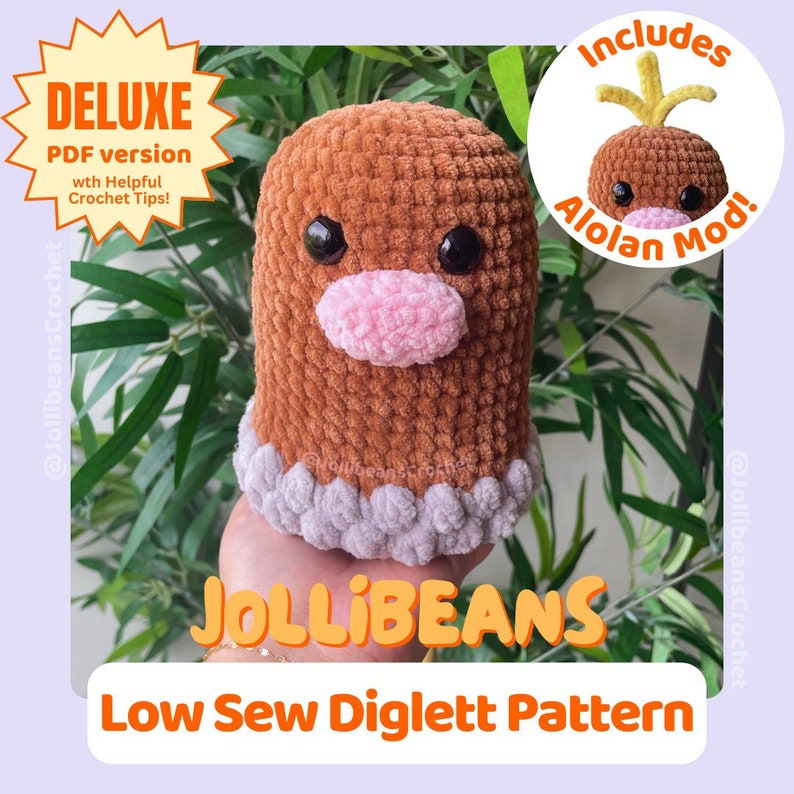 Diglett Pokemon Low Sew Crochet Pattern Alolan Diglett Plushie ...