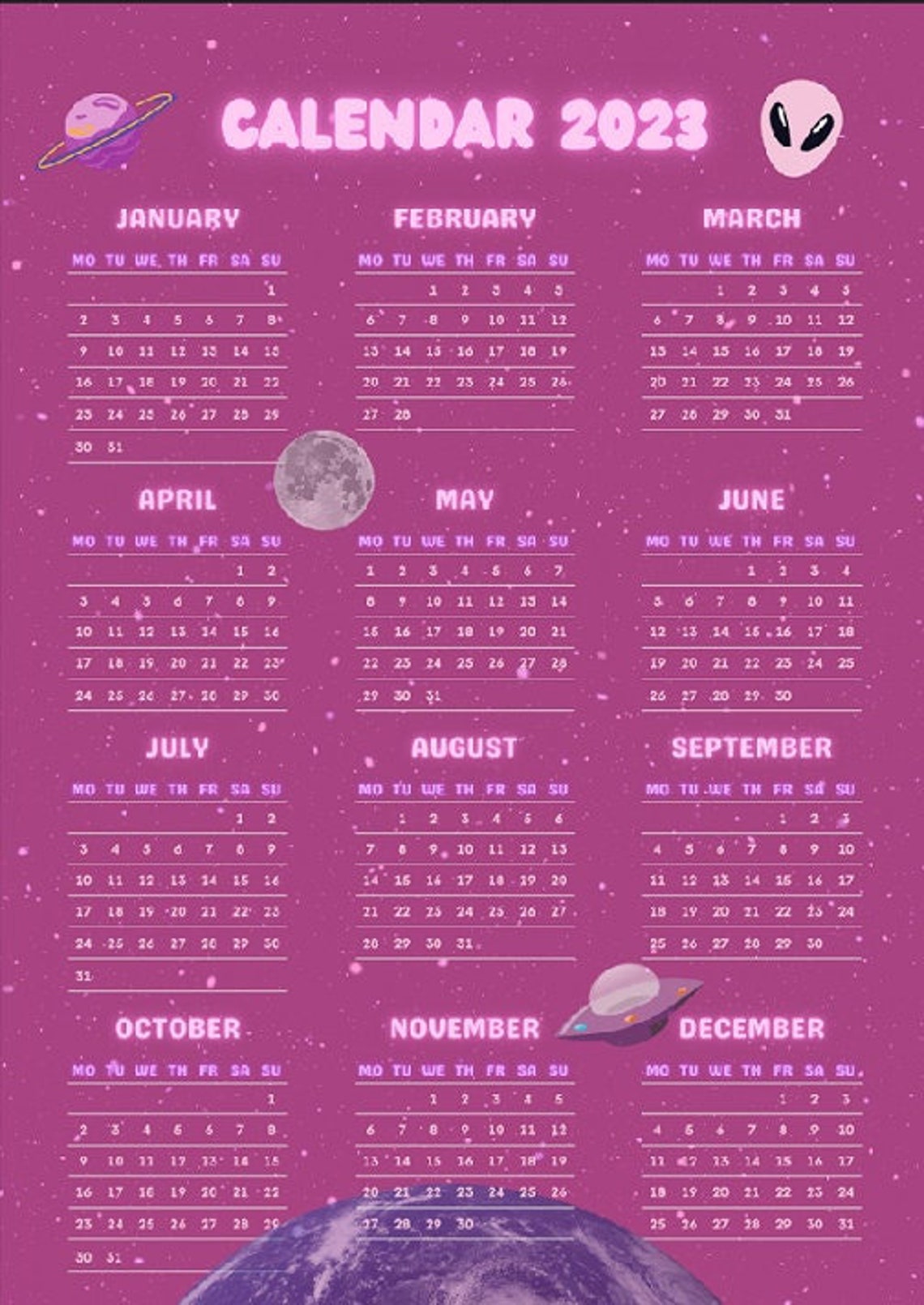 2023 Pink Alien Space Theme Calendar Printable - Etsy