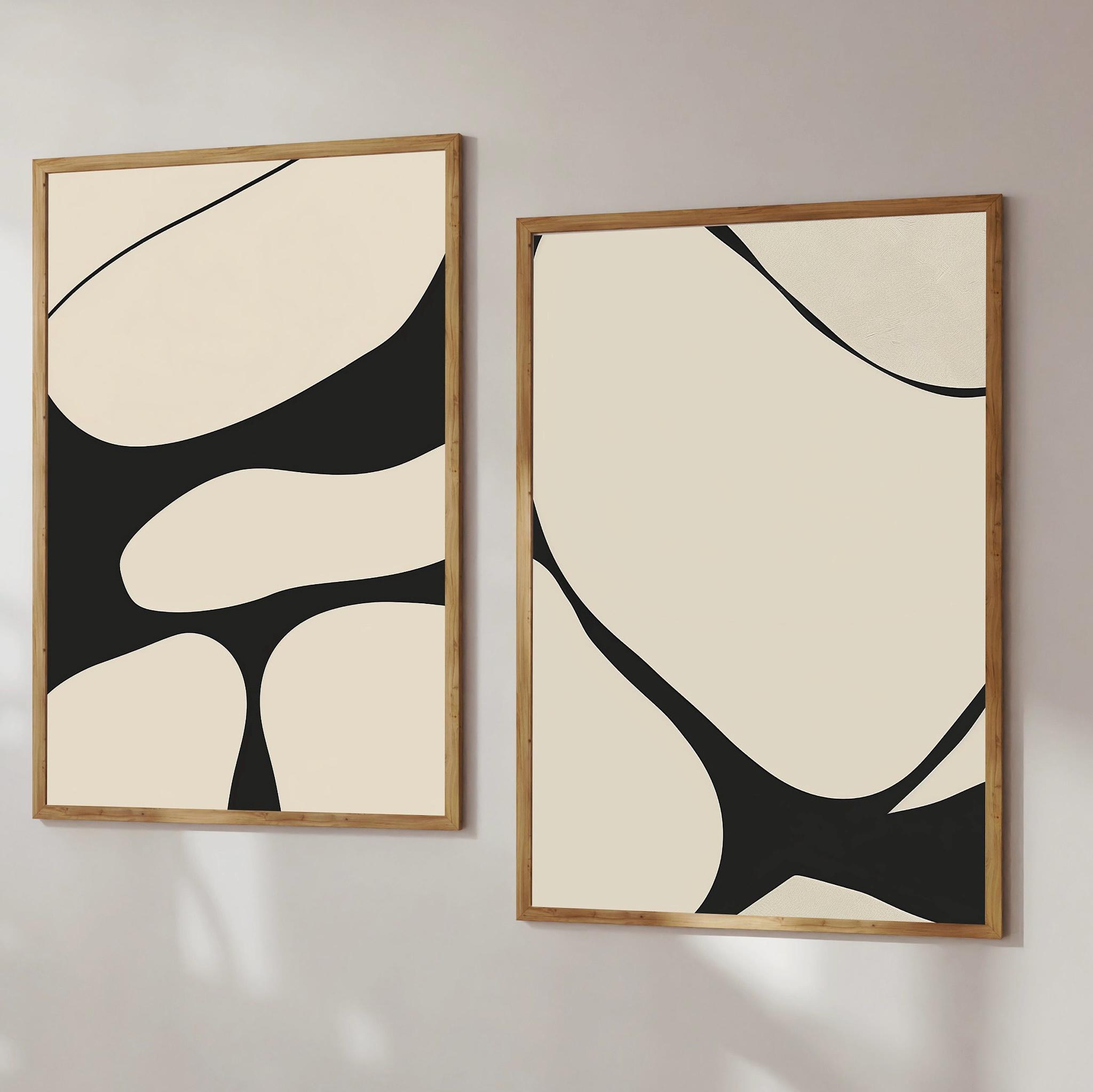 Abstract Curves Art Prints Set: Modern Black Beige Decor (digital ...