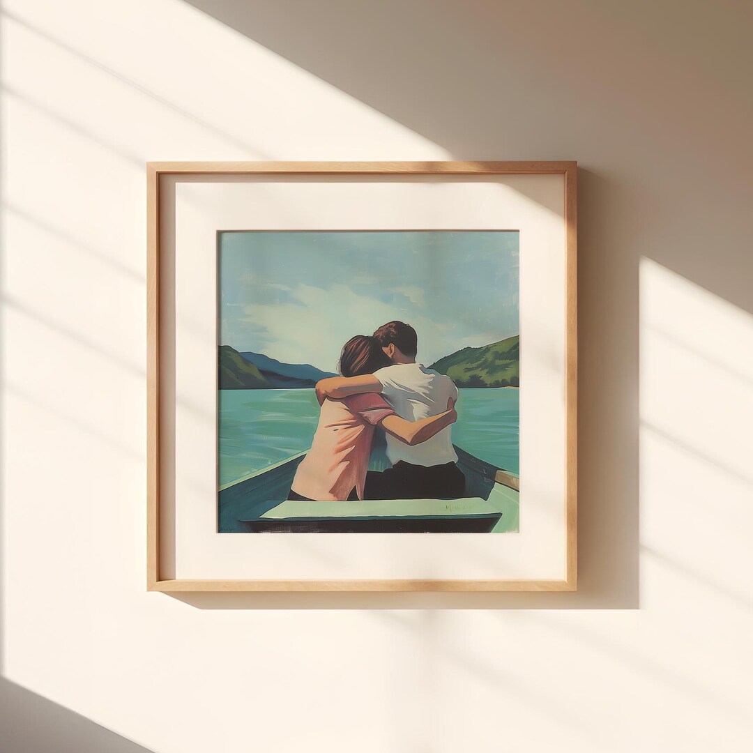 Romantic Boat Ride Digital Art Print, Modern Couples Young Love Artwork ...