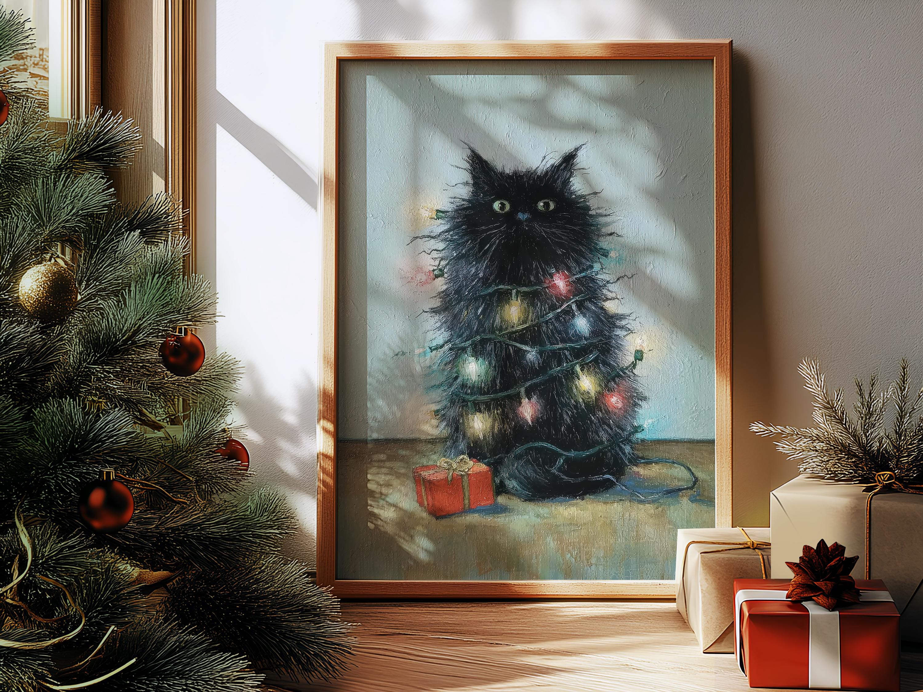 Black Cat Christmas Lights Print – Funny Holiday Cat Wall Art – Festive ...