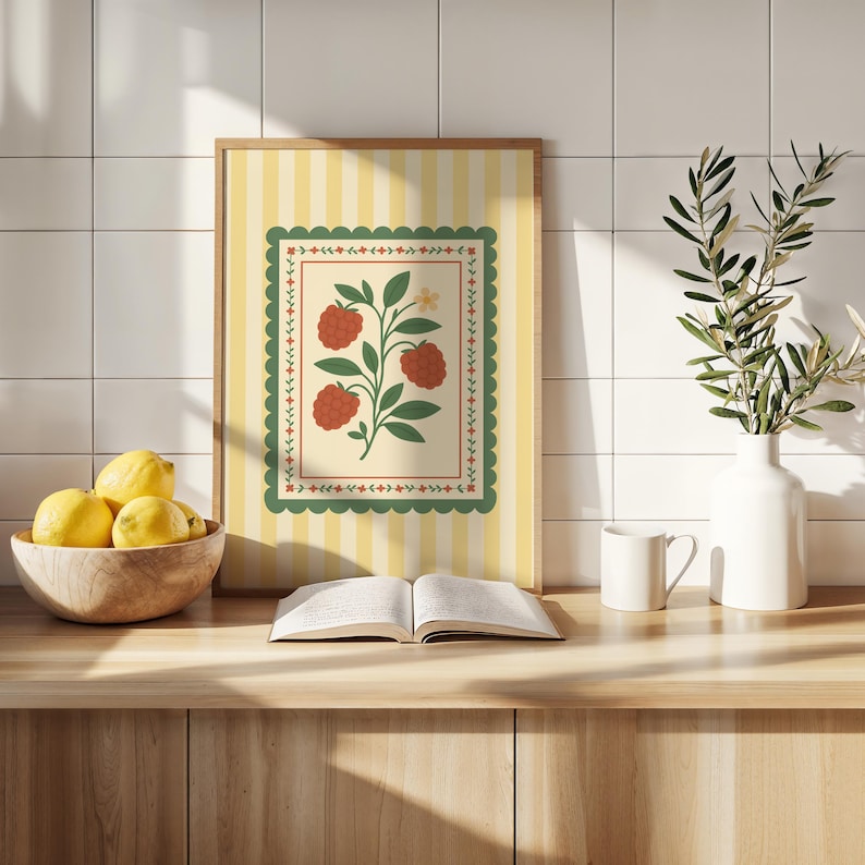 Cottagecore Kitchen Wall Art Prints, Lemons Blueberries Raspberries Set ...