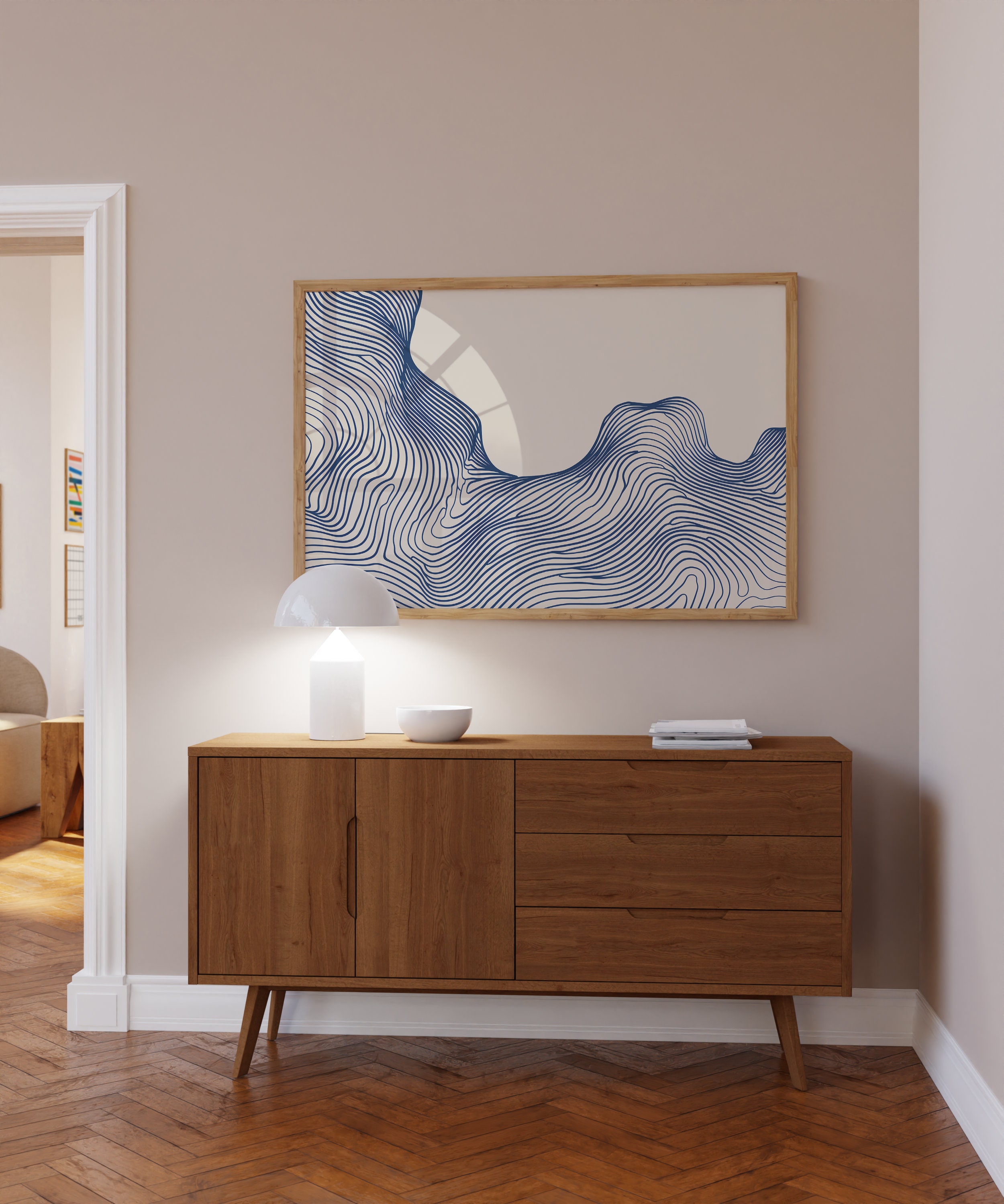 Blue Topography Wall Art Print, Minimalist Line Drawing, Modern ...