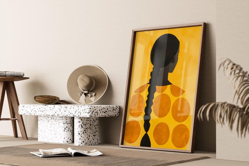 Abstract Woman Portrait Art Print: Yellow Polka Dots Decor (digital ...