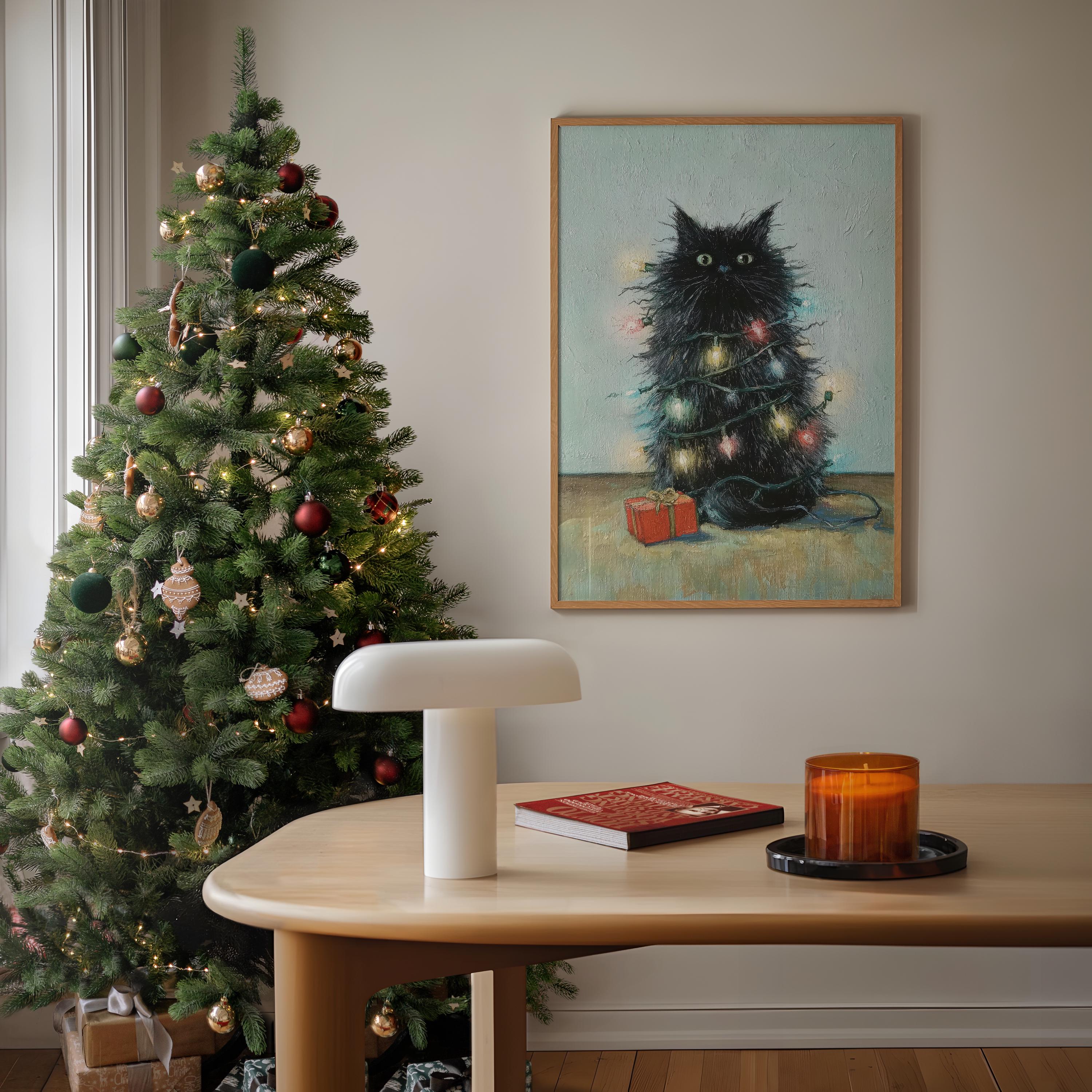 Black Cat Christmas Lights Print – Funny Holiday Cat Wall Art – Festive ...
