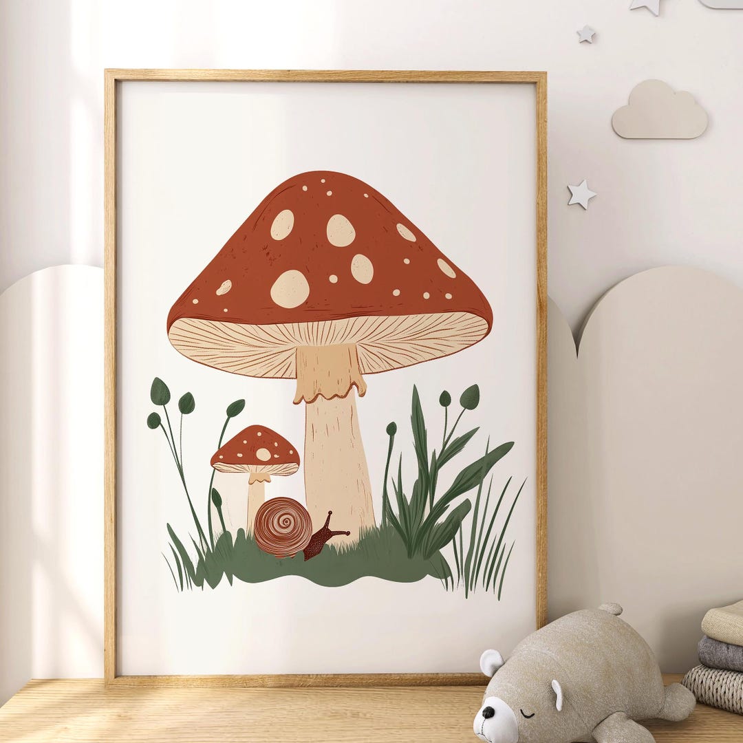 Whimsical Mushroom and Snail Illustration, Cottagecore Nature Print for ...