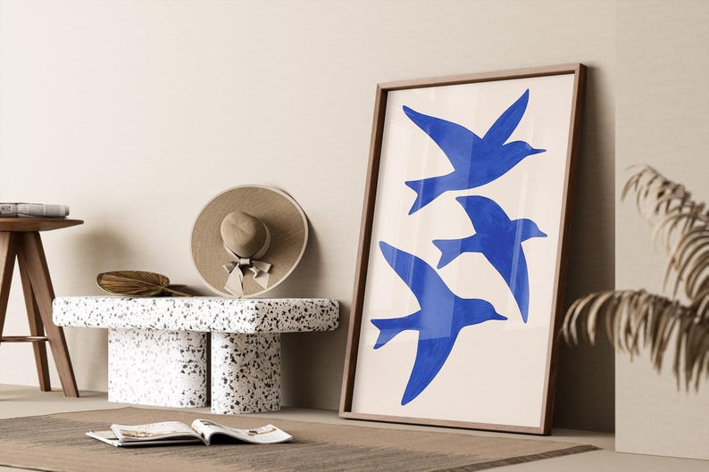 Electric Blue Bird Art Print: Minimalist Scandinavian Wall Decor ...