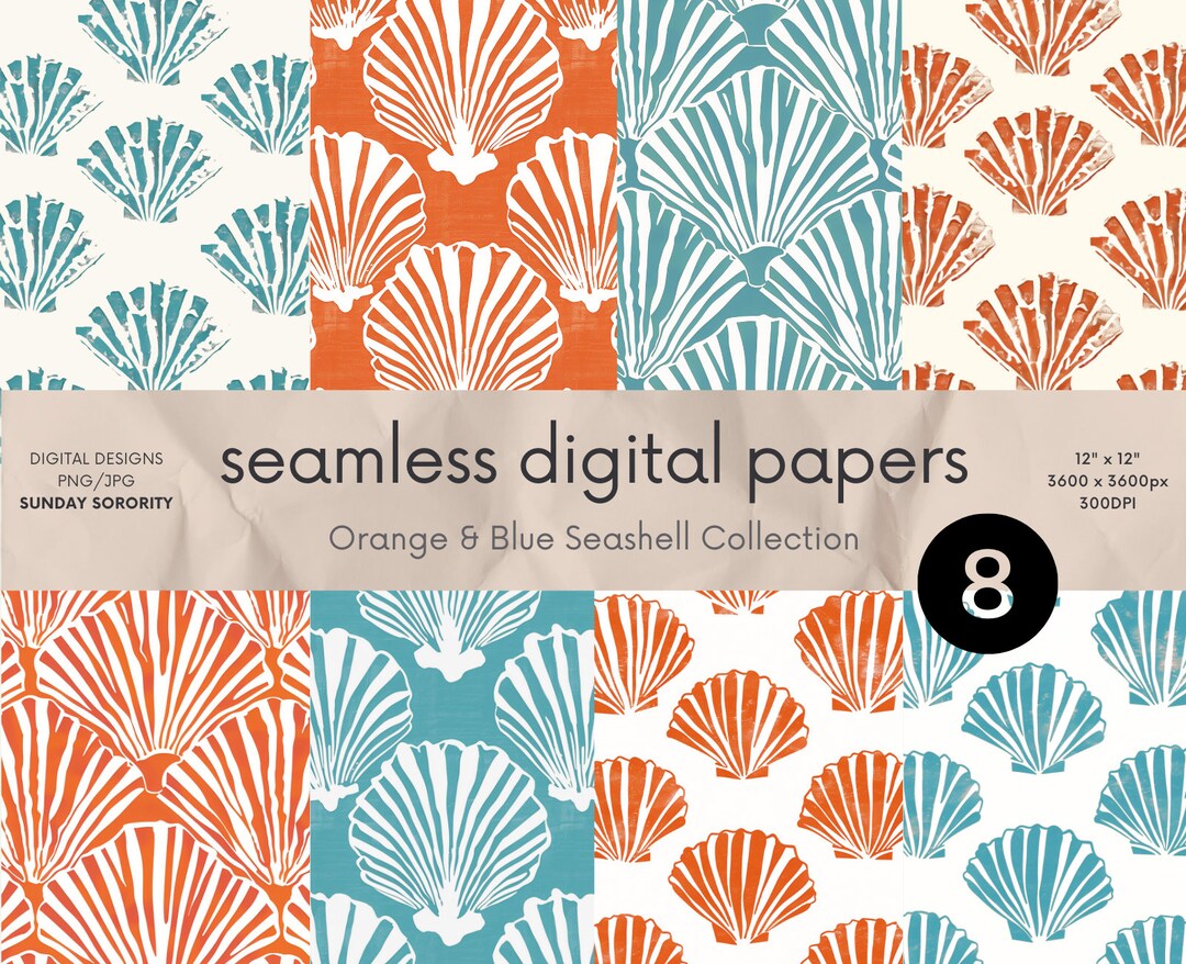 Orange & Blue Seashell Digital Papers - Seamless Patterns - Digital ...