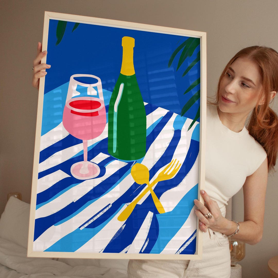 Bold Wine Illustration Digital Art Print, Vibrant Table Setting Artwork ...