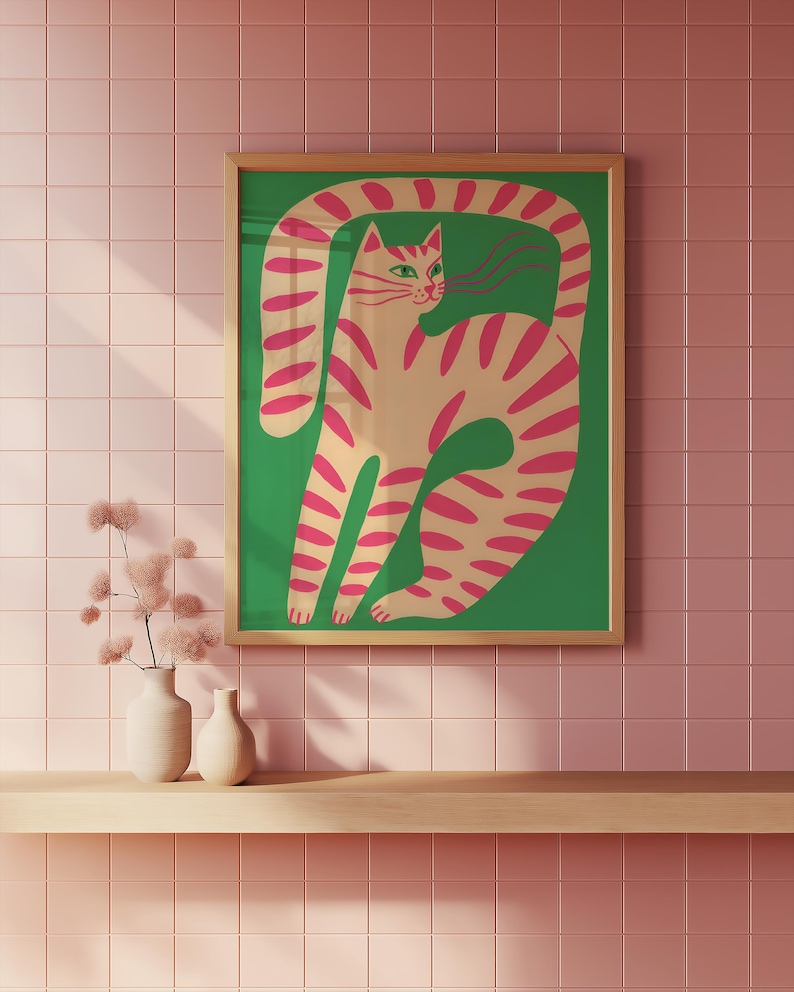 Pink Striped Cat Wall Art Print, Whimsical Kitty Illustration, Colorful ...