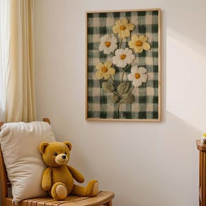 Cottagecore Floral Art Print, Gingham Embroidery Daisy Wall Decor ...