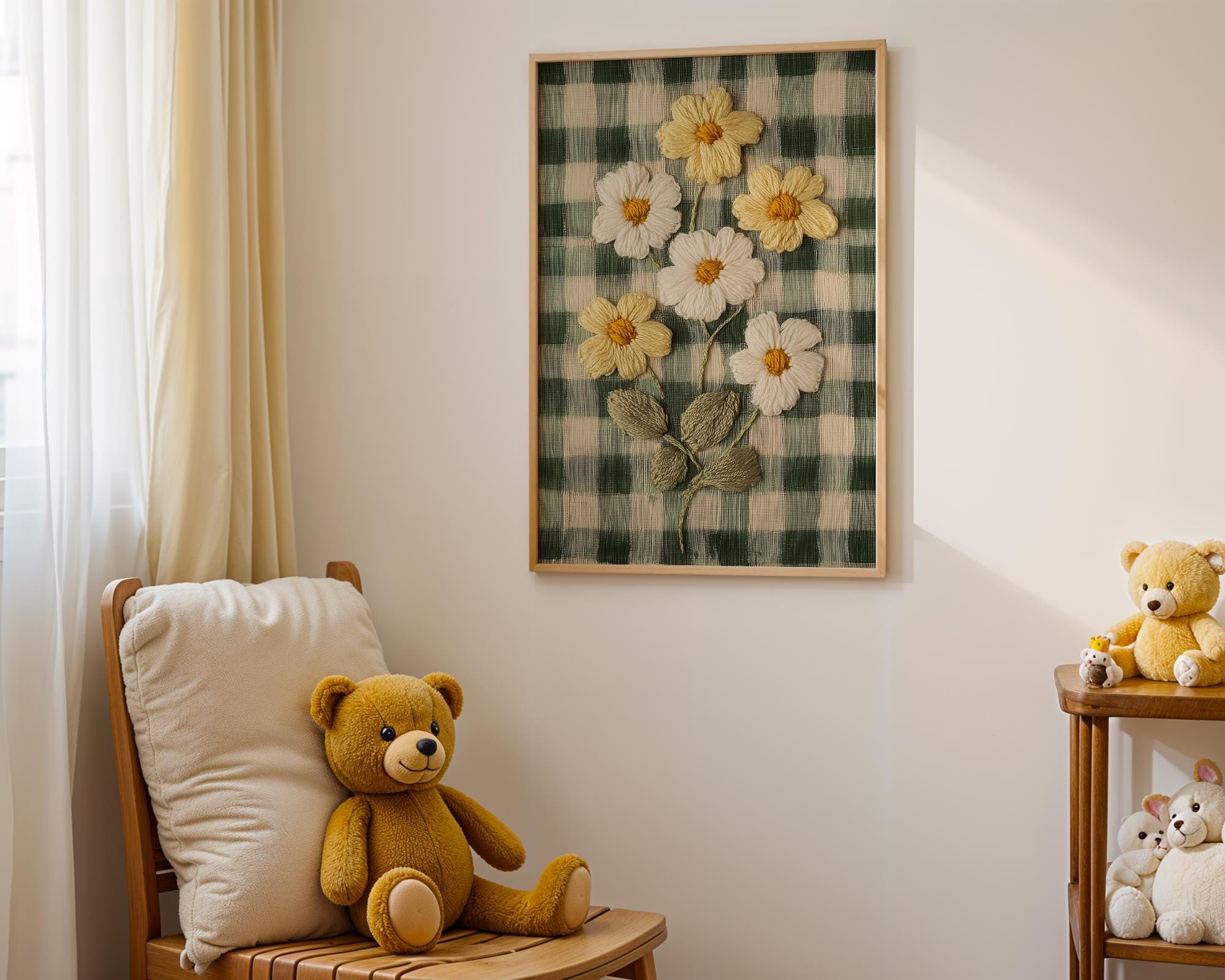 Cottagecore Floral Art Print, Gingham Embroidery Daisy Wall Decor ...