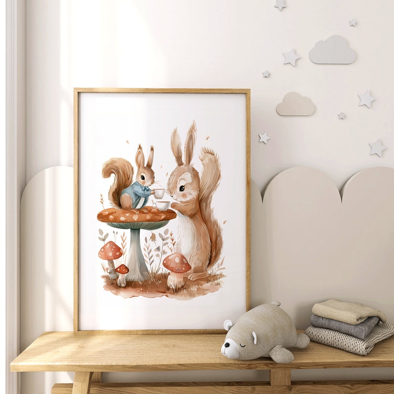Whimsical Woodland Tea Party Art Print Cute Squirrel and Bunny ...
