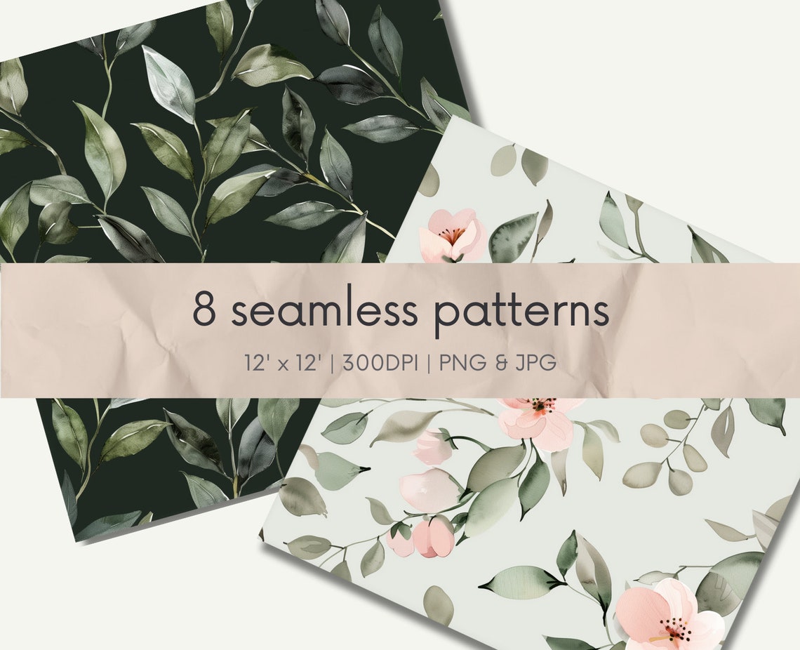 Green Botanical Watercolor Digital Paper Set, Seamless Floral Patterns ...