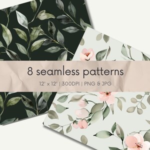 Green Botanical Watercolor Digital Paper Set, Seamless Floral Patterns ...