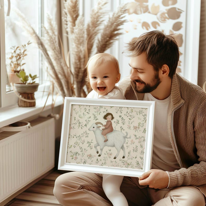 Whimsical Goat Nursery Art: Boho Floral Kid's Room Decor (digital ...