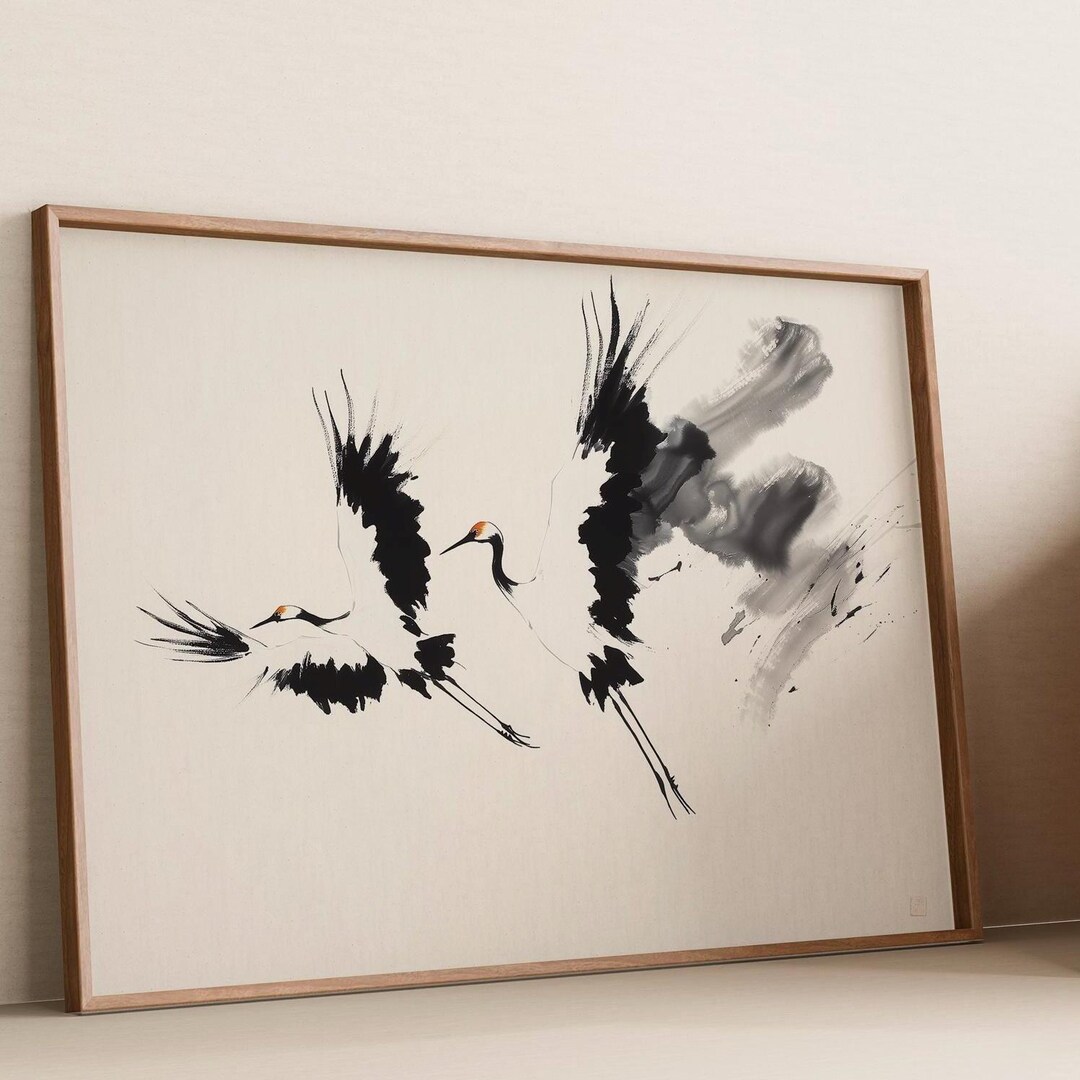 Japanese Crane Ink Art, Minimalist Asian Wall Decor, Black and White ...