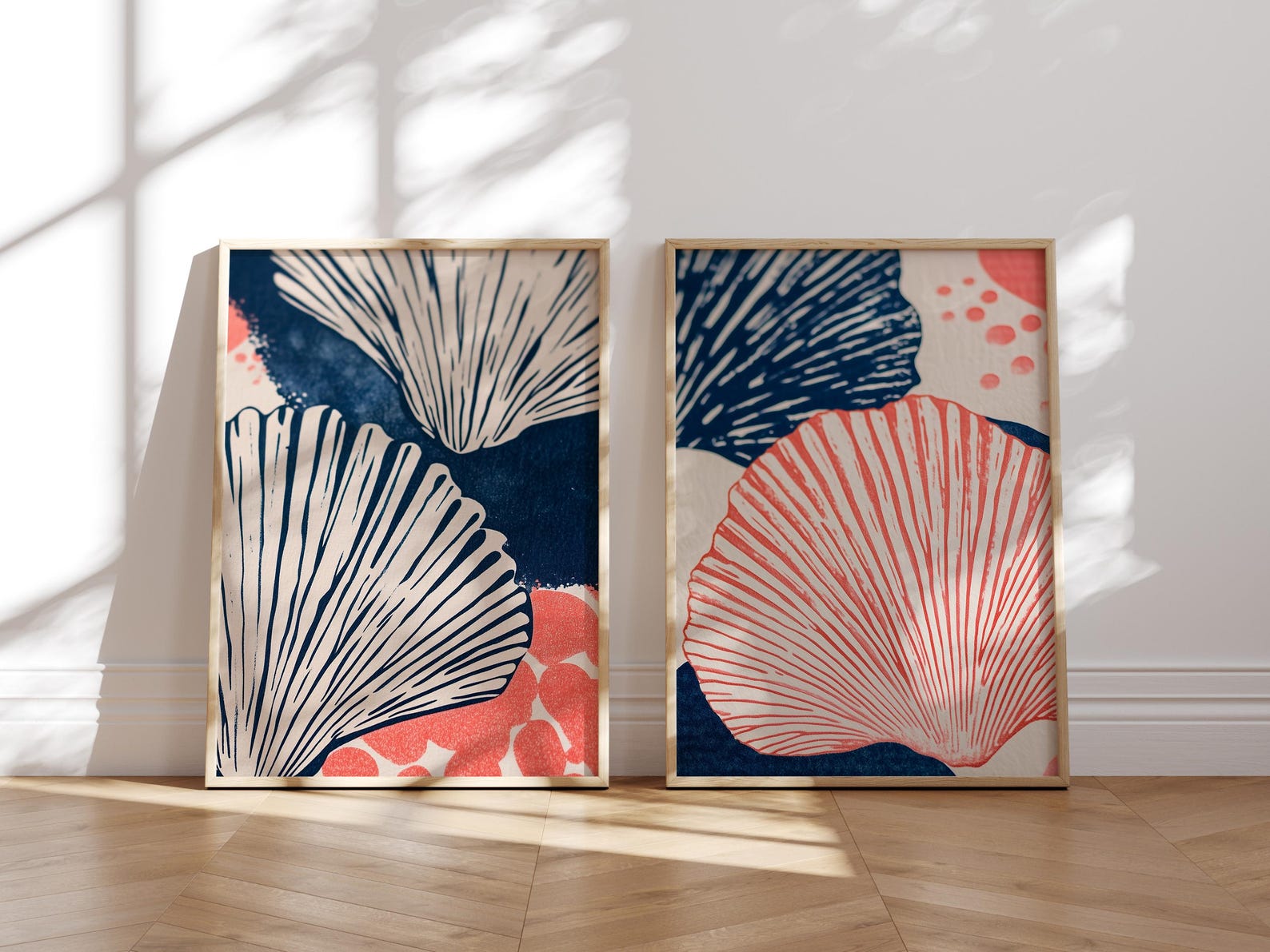 Coral and Navy Sea Shell Prints: Modern Coastal Decor (digital Download ...
