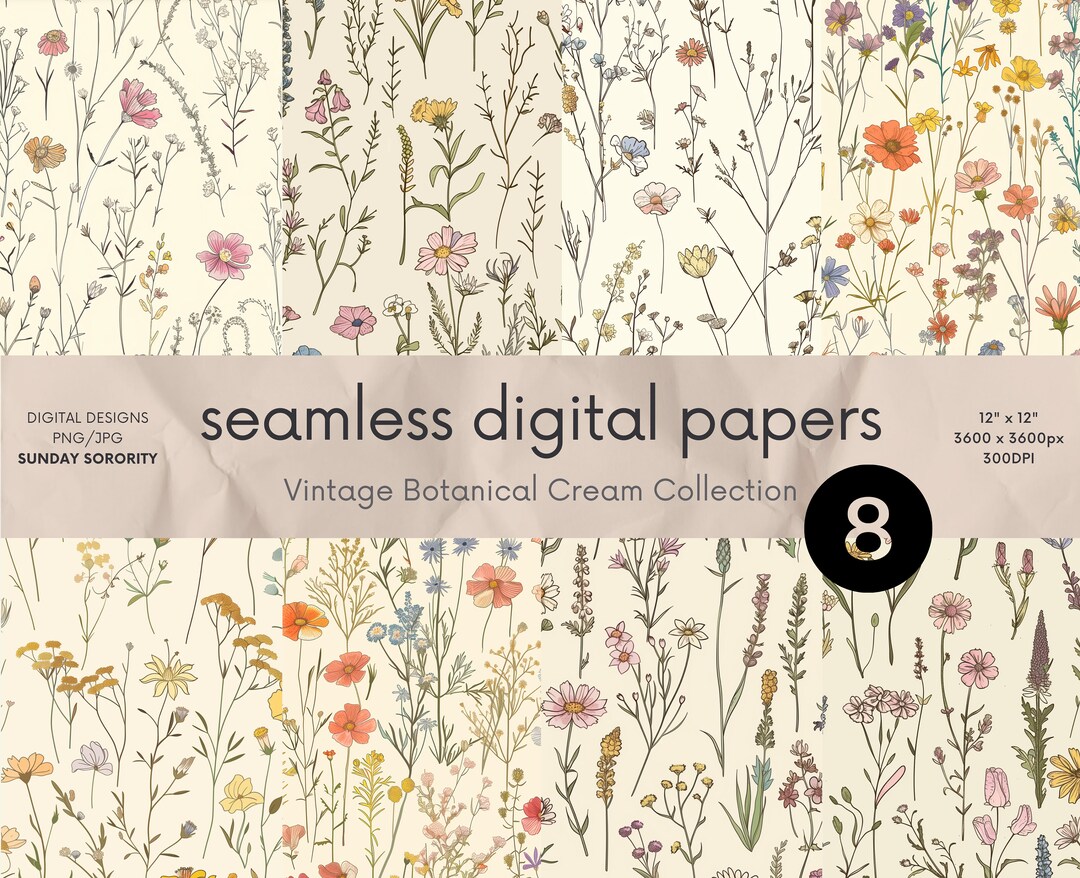 Vintage Botanical Digital Paper Set: Cream Floral Seamless Patterns ...