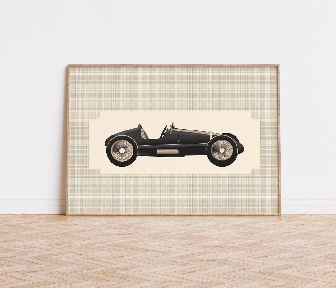 Vintage Car Digital Art Print for Kids Room, Plaid Nursery Wall Art ...