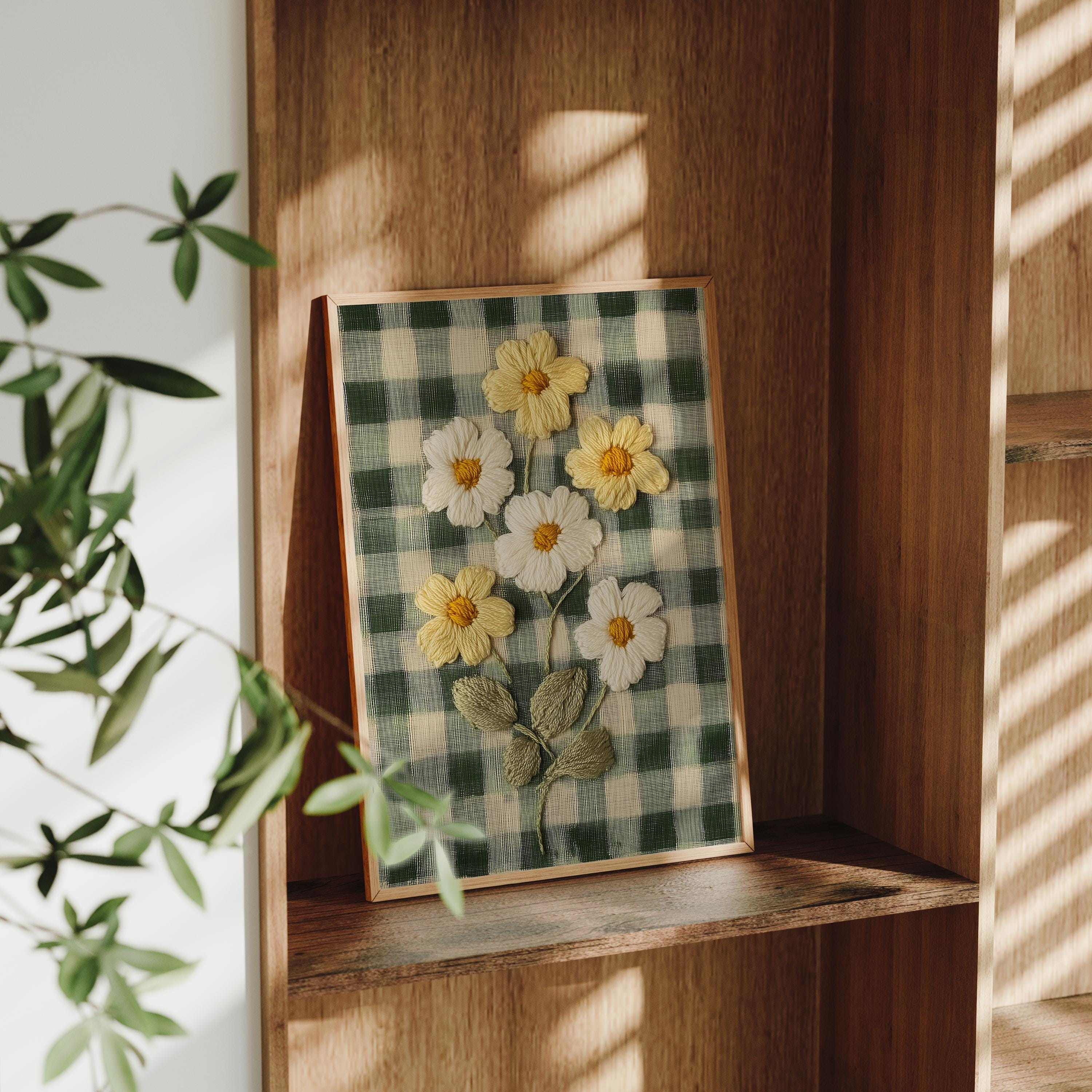 Cottagecore Floral Art Print, Gingham Embroidery Daisy Wall Decor ...