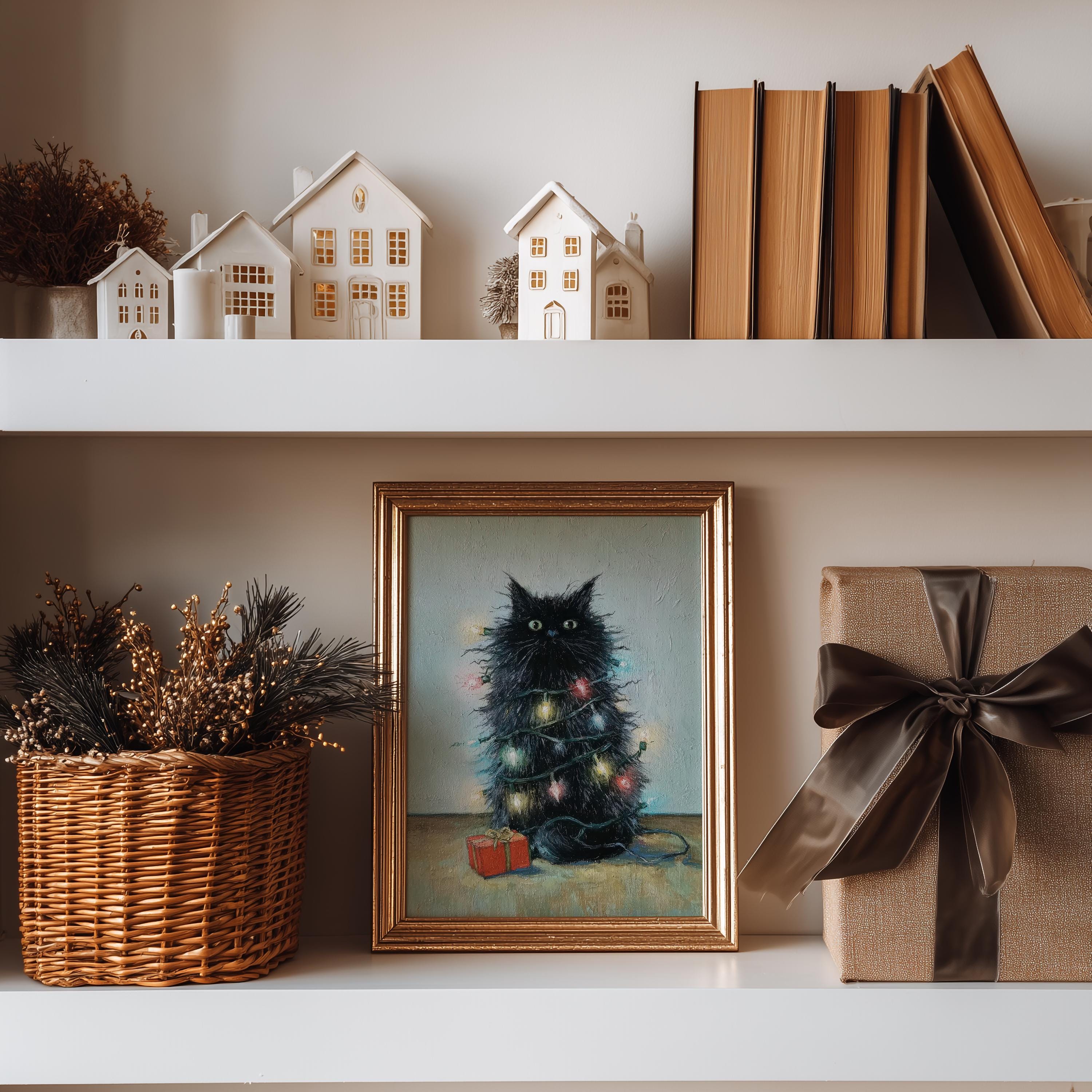 Black Cat Christmas Lights Print – Funny Holiday Cat Wall Art – Festive ...