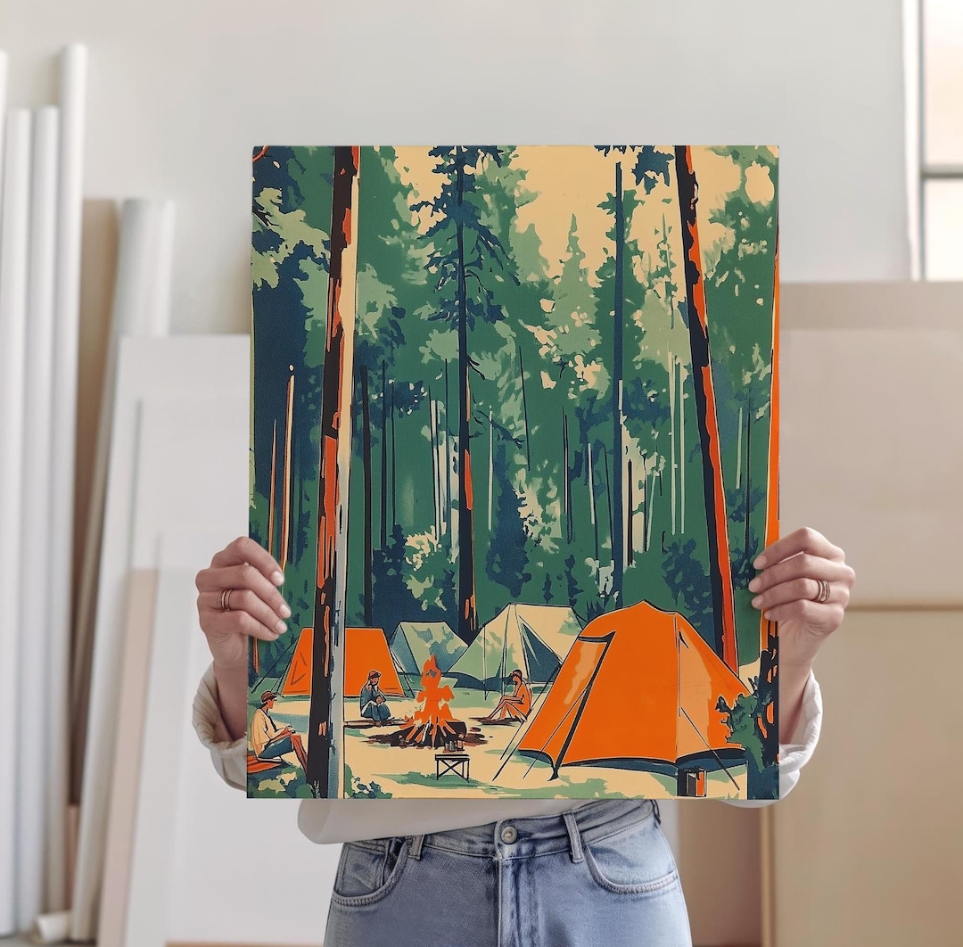 Vintage Camping Scene Art Print: Retro Outdoor Adventure (digital ...
