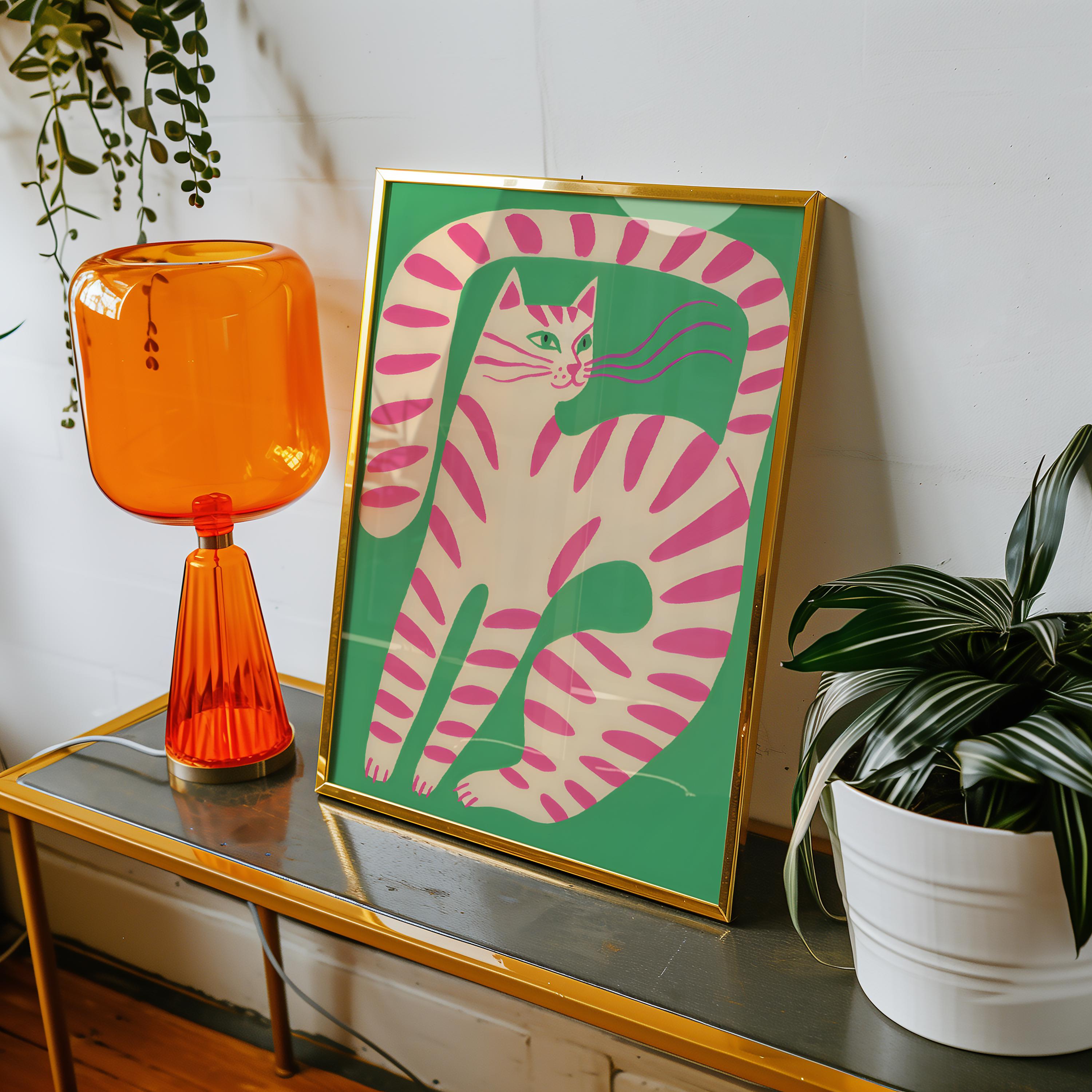 Pink Striped Cat Wall Art Print, Whimsical Kitty Illustration, Colorful ...