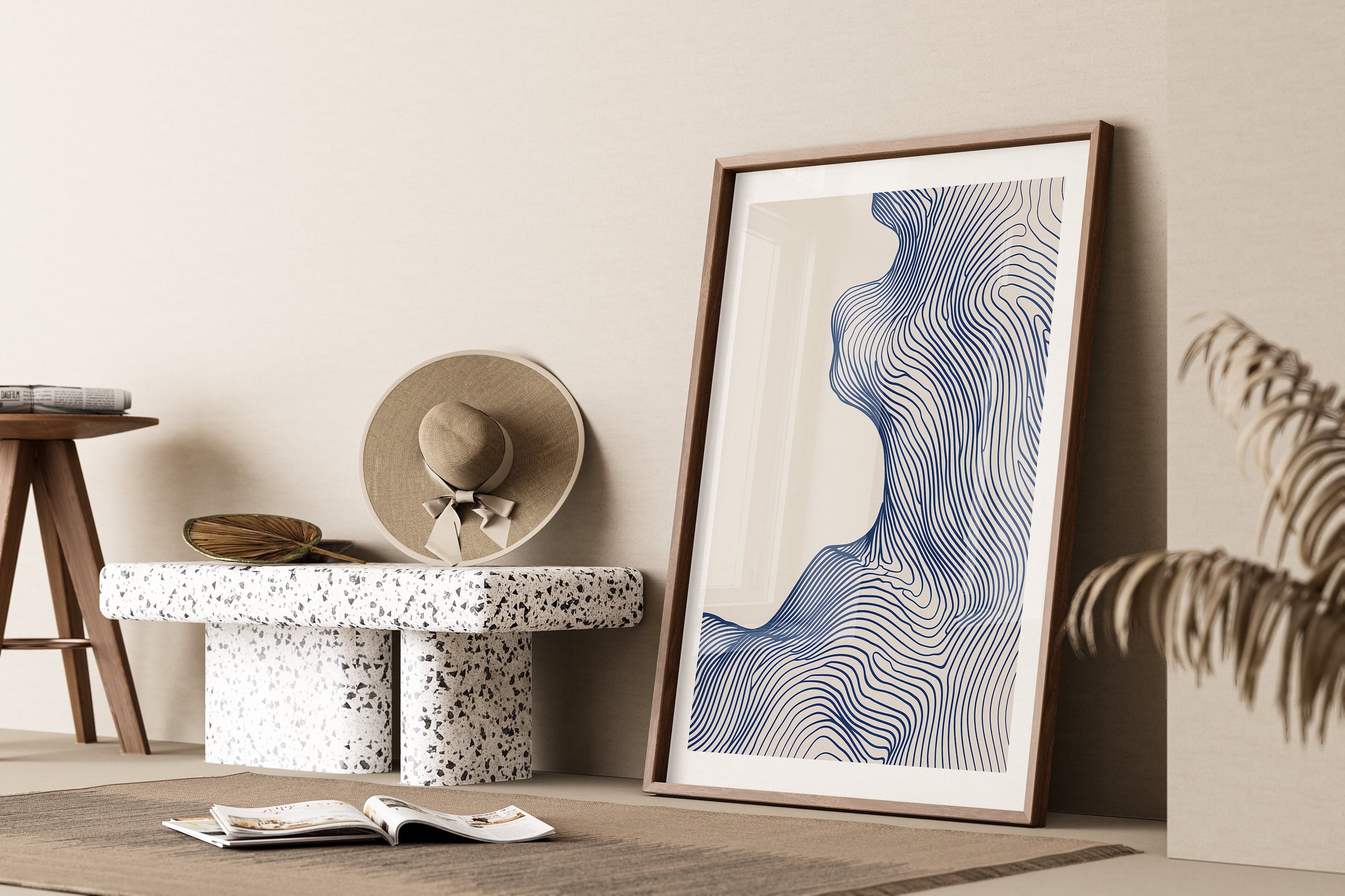 Blue Topography Wall Art Print, Minimalist Line Drawing, Modern ...