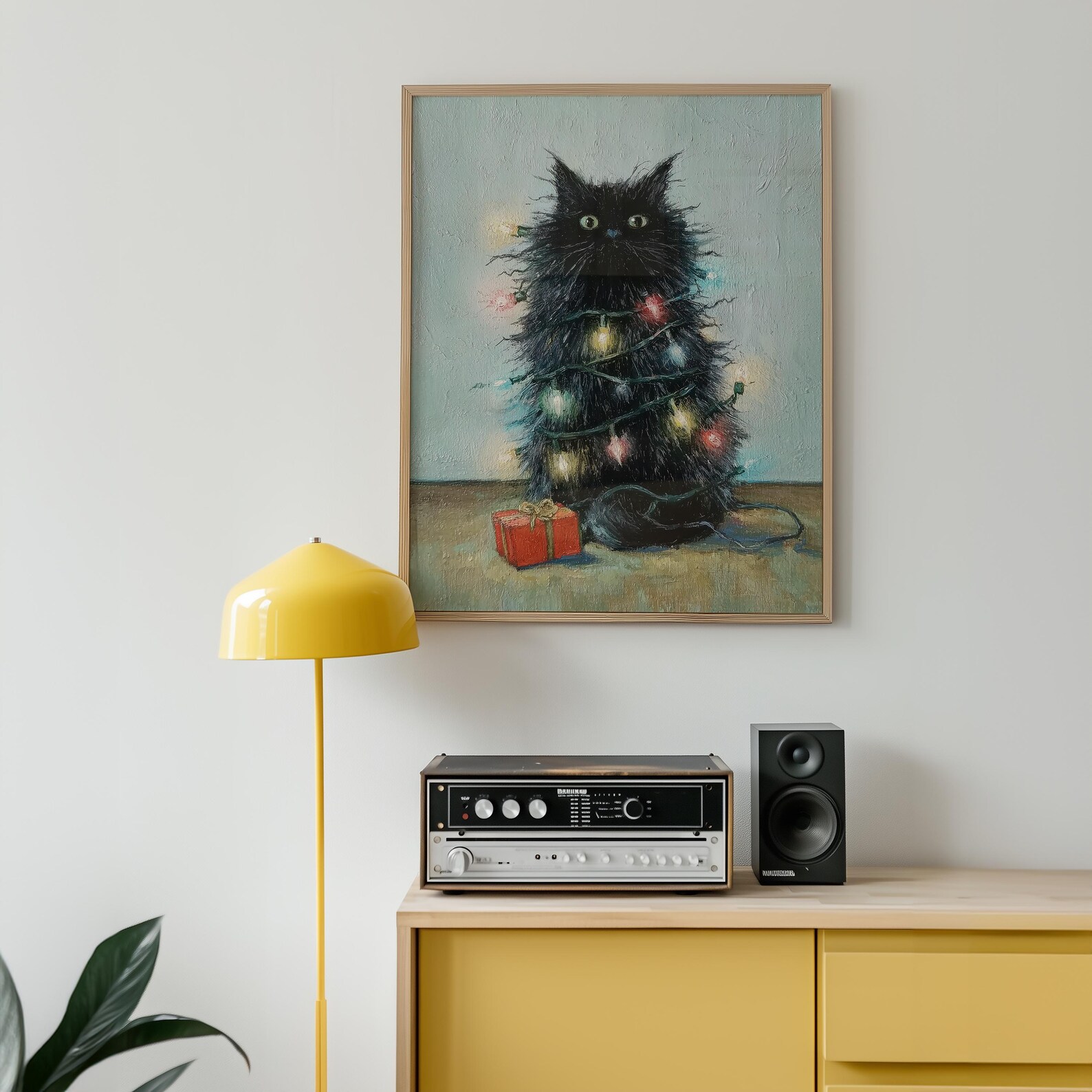 Black Cat Christmas Lights Print – Funny Holiday Cat Wall Art – Festive ...