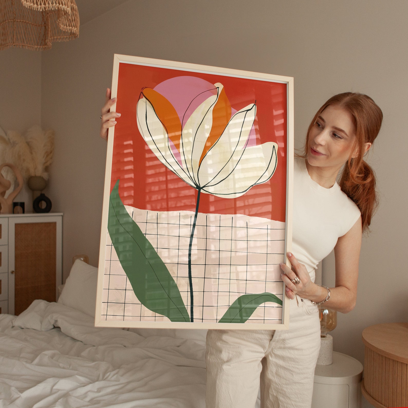 Abstract Floral Art Print: Bold Red & Green Flower Illustration ...