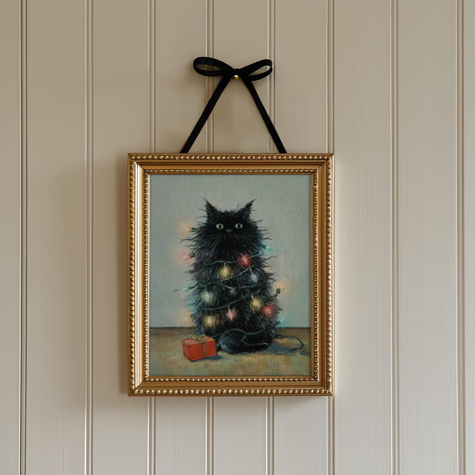 Black Cat Christmas Lights Print – Funny Holiday Cat Wall Art – Festive ...