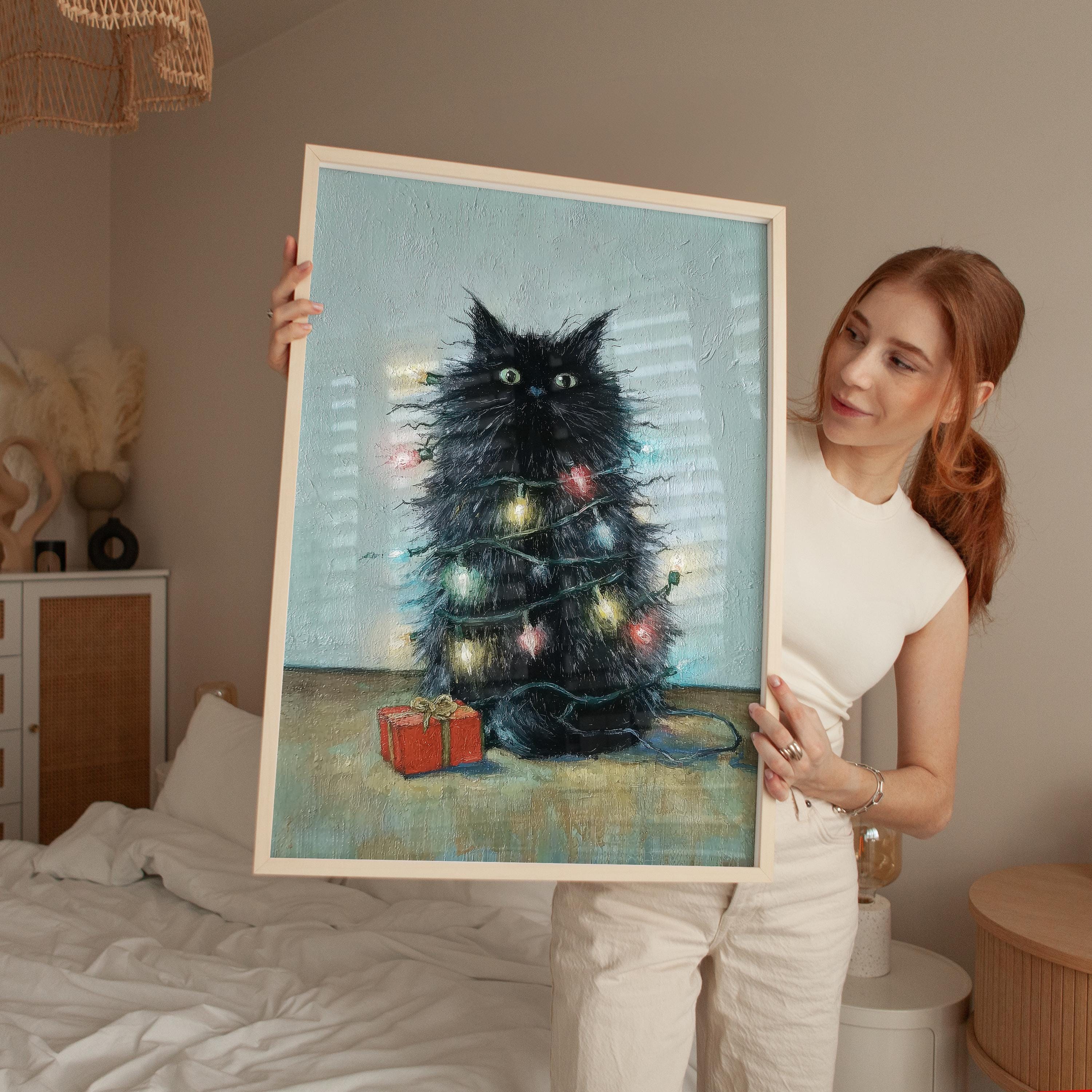 Black Cat Christmas Lights Print – Funny Holiday Cat Wall Art – Festive ...