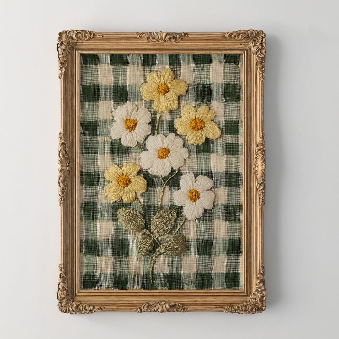 Cottagecore Gingham Floral Art Print, Vintage-inspired Embroidery ...