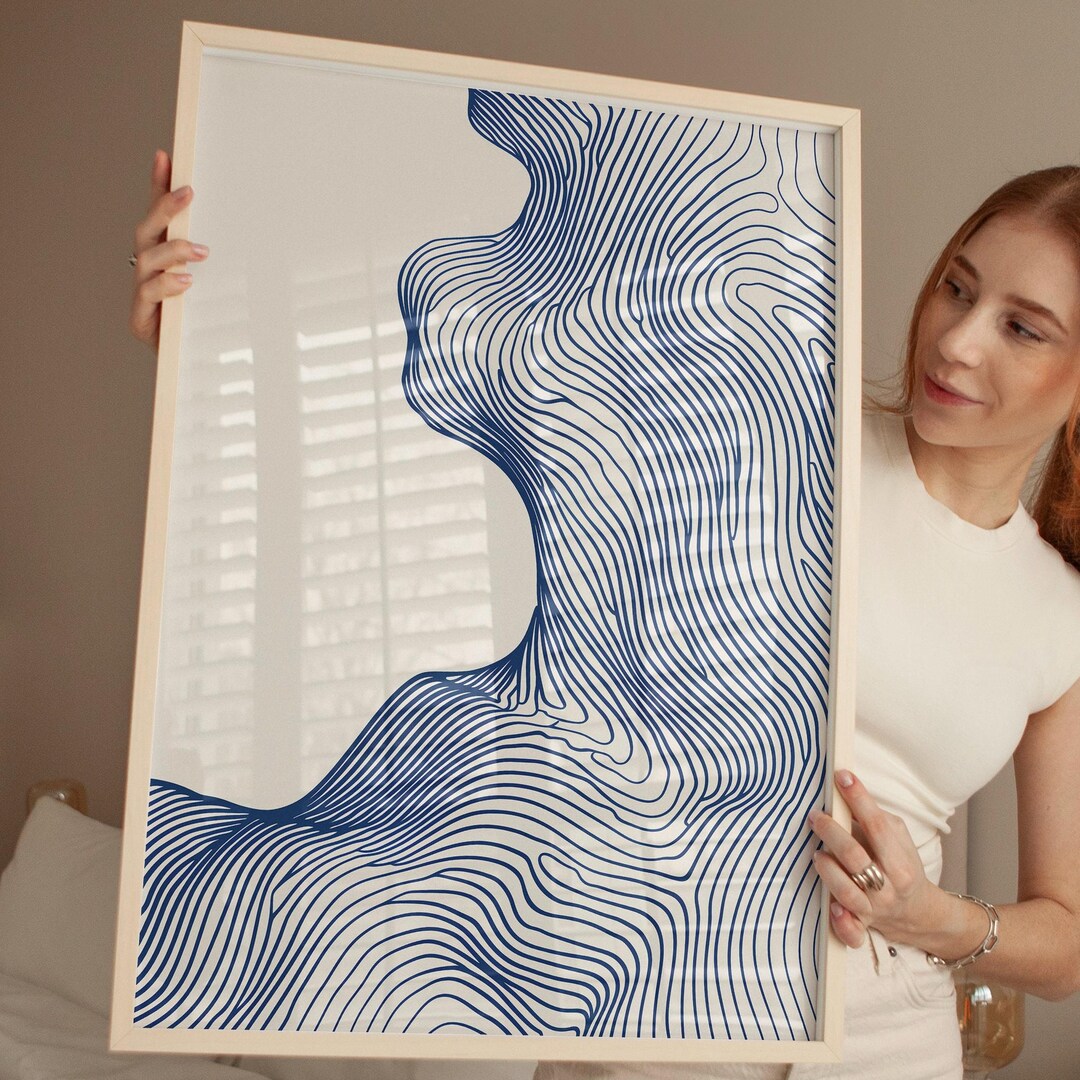 Blue Topography Wall Art Print, Minimalist Line Drawing, Modern ...