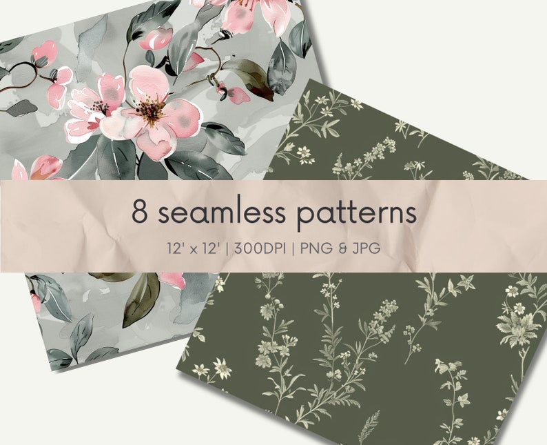 Green Botanical Watercolor Digital Paper Set, Seamless Floral Patterns ...