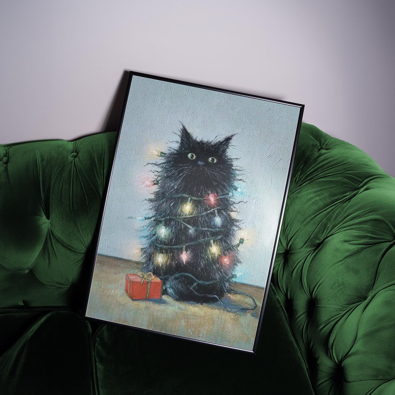 Black Cat Christmas Lights Print – Funny Holiday Cat Wall Art – Festive ...