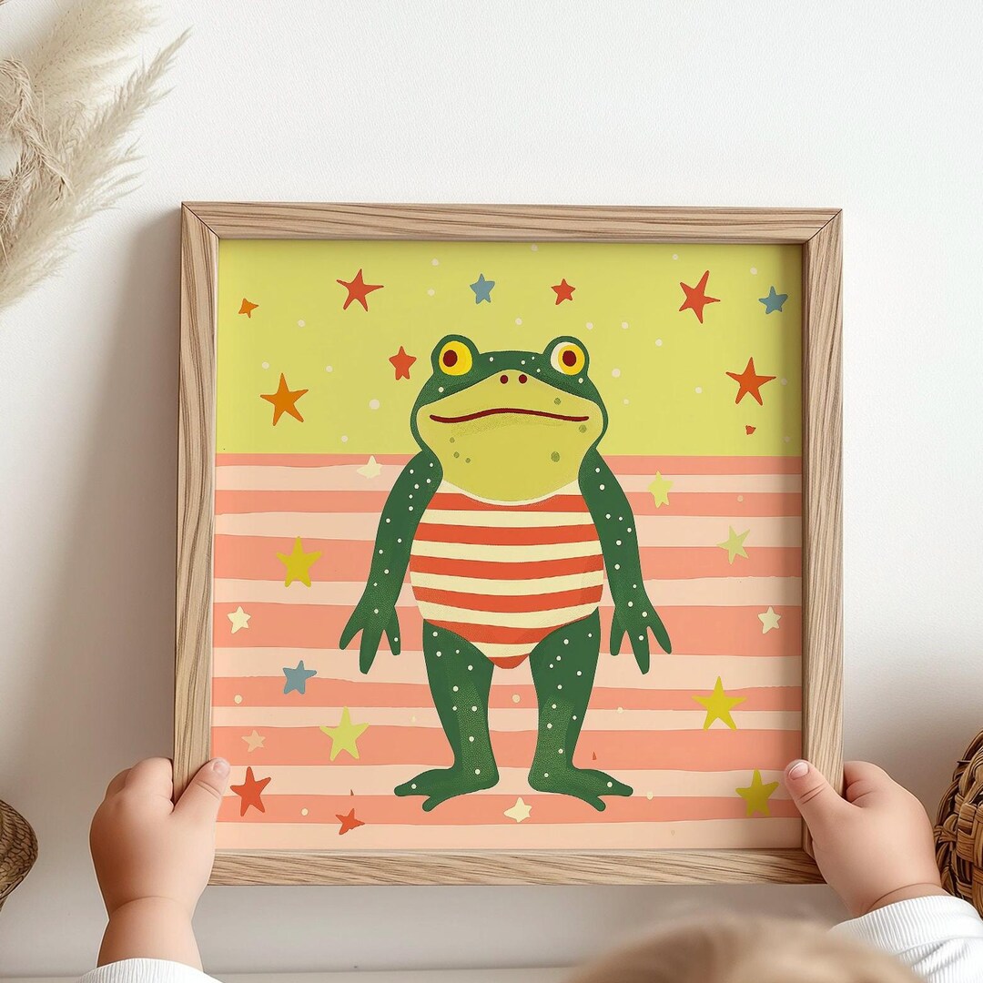 Frog in Stripes Swimming Illustration Print - Whimsical Animal Wall Art ...