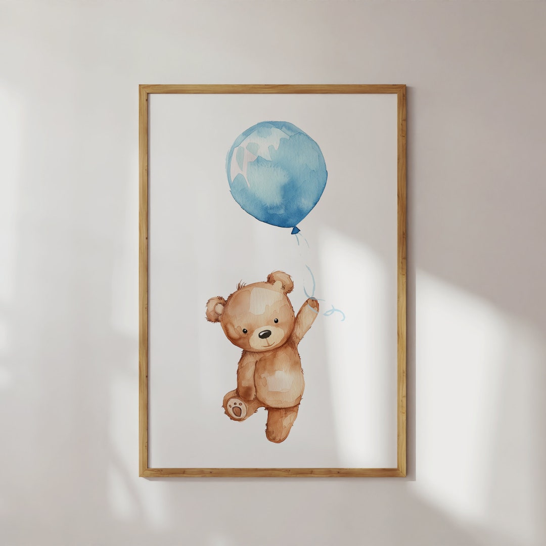 Teddy Bear & Blue Balloon Art Print - Playful Watercolor Nursery Decor ...