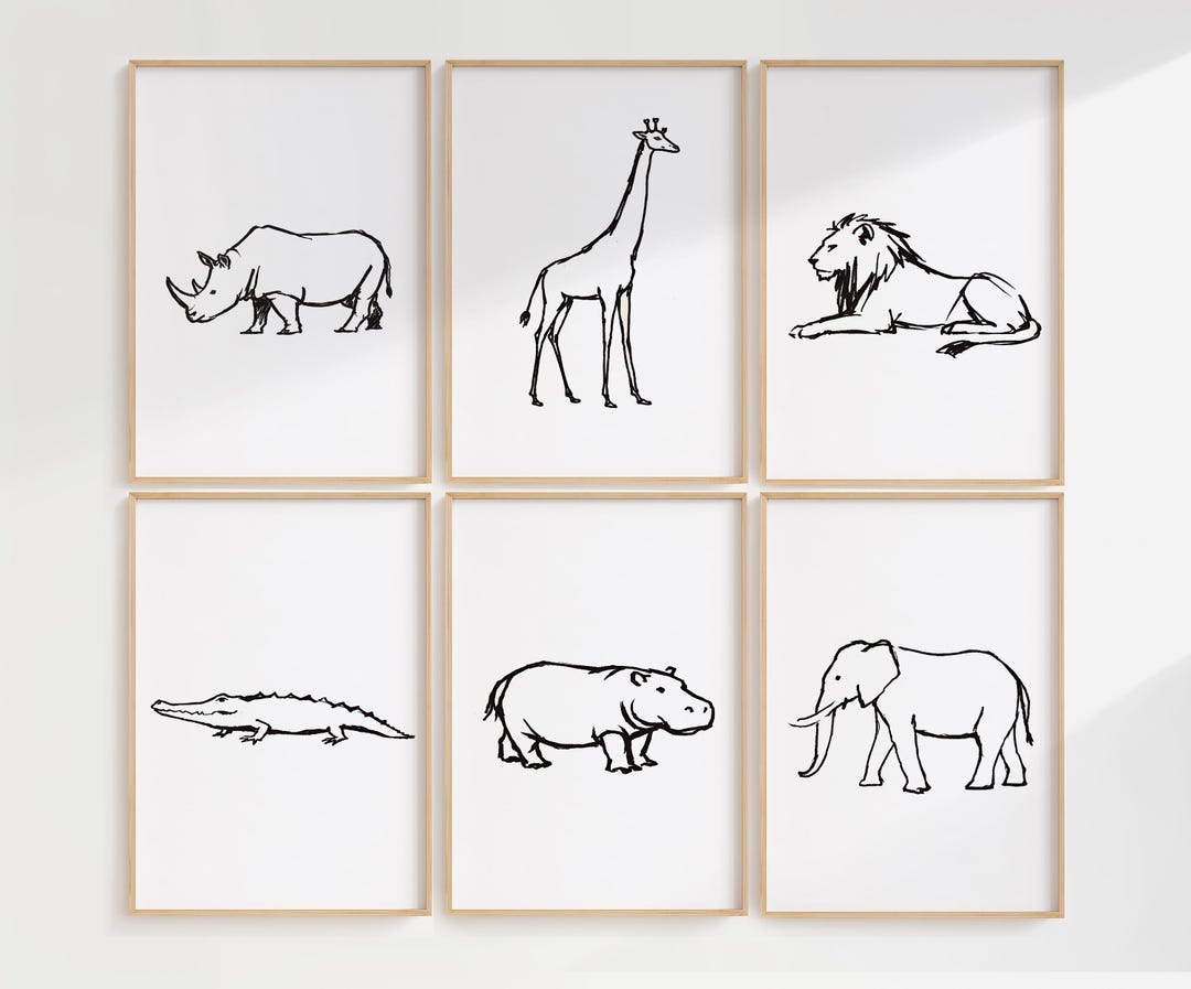 Safari Animal Nursery Prints – Set of 6 Zoo Animal Line Drawings (white ...