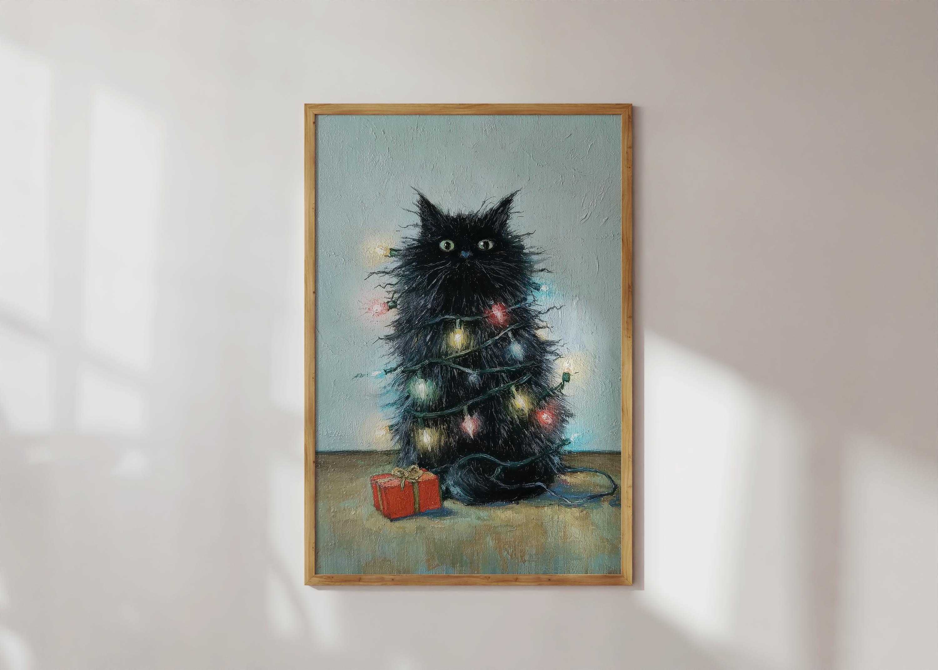 Black Cat Christmas Lights Print – Funny Holiday Cat Wall Art – Festive ...